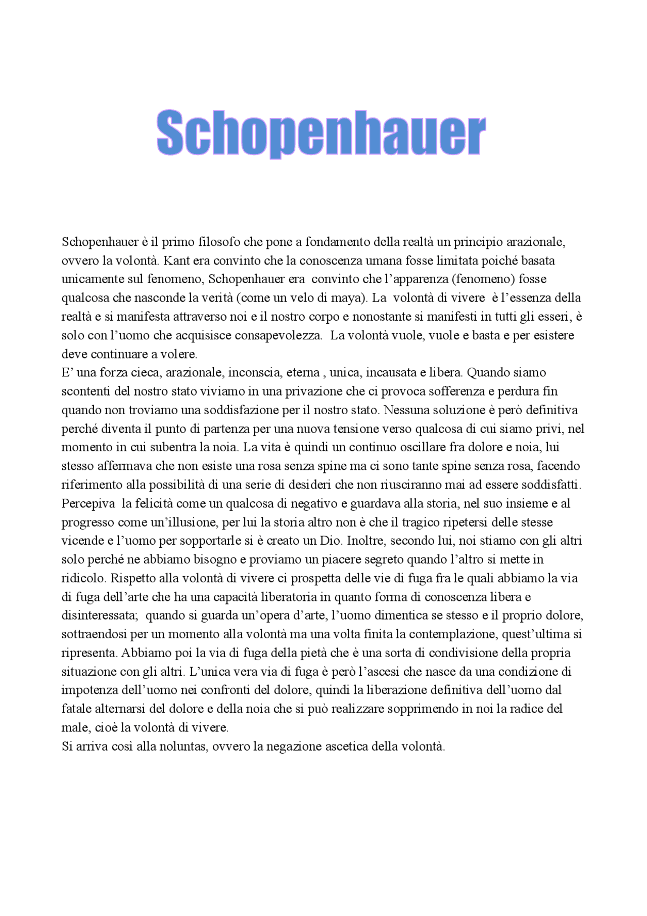 Schopenhauer E Le Sue Teorie Docsity