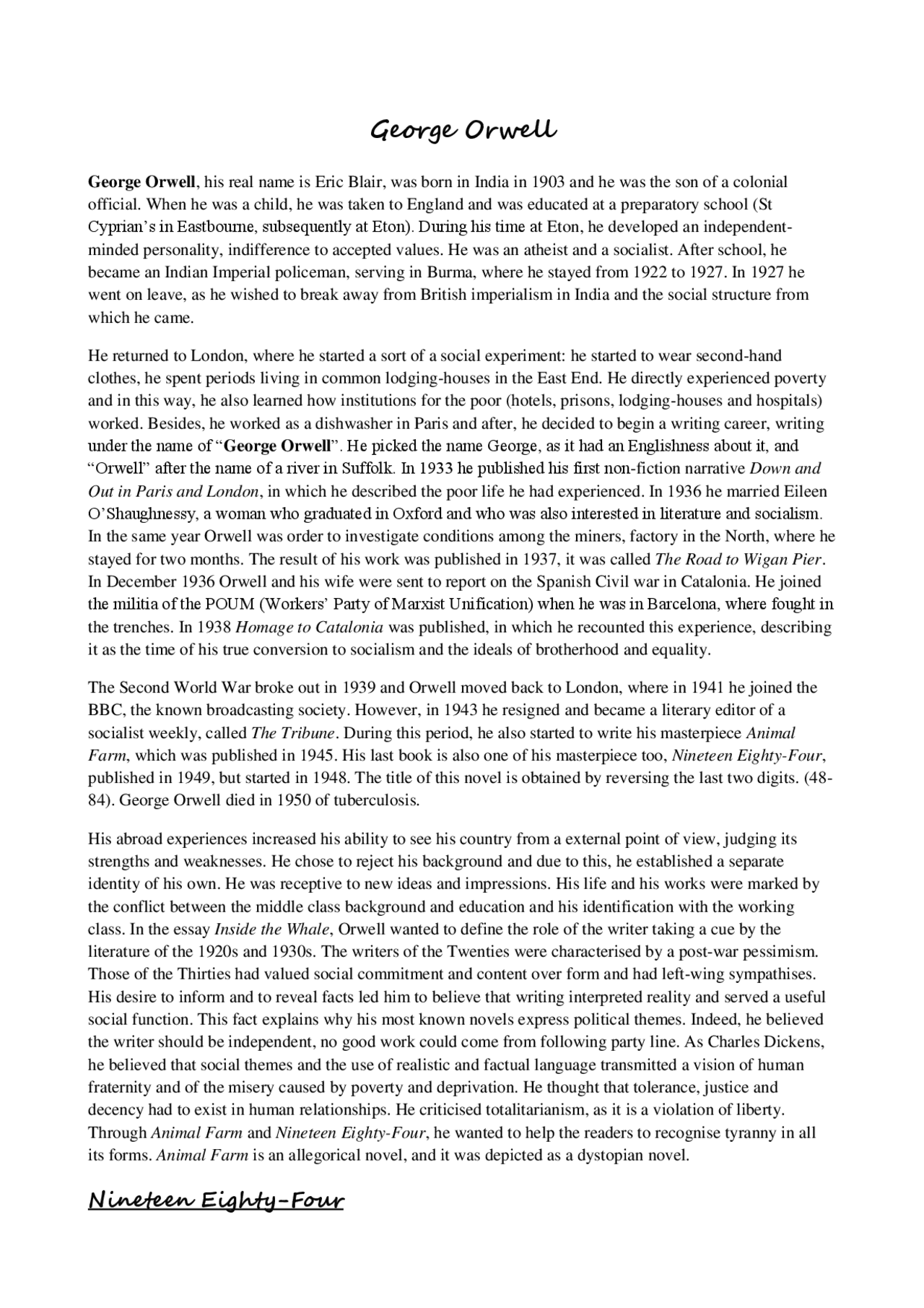 From Orwell to the Present Age, Zanichelli performer heritage - Docsity