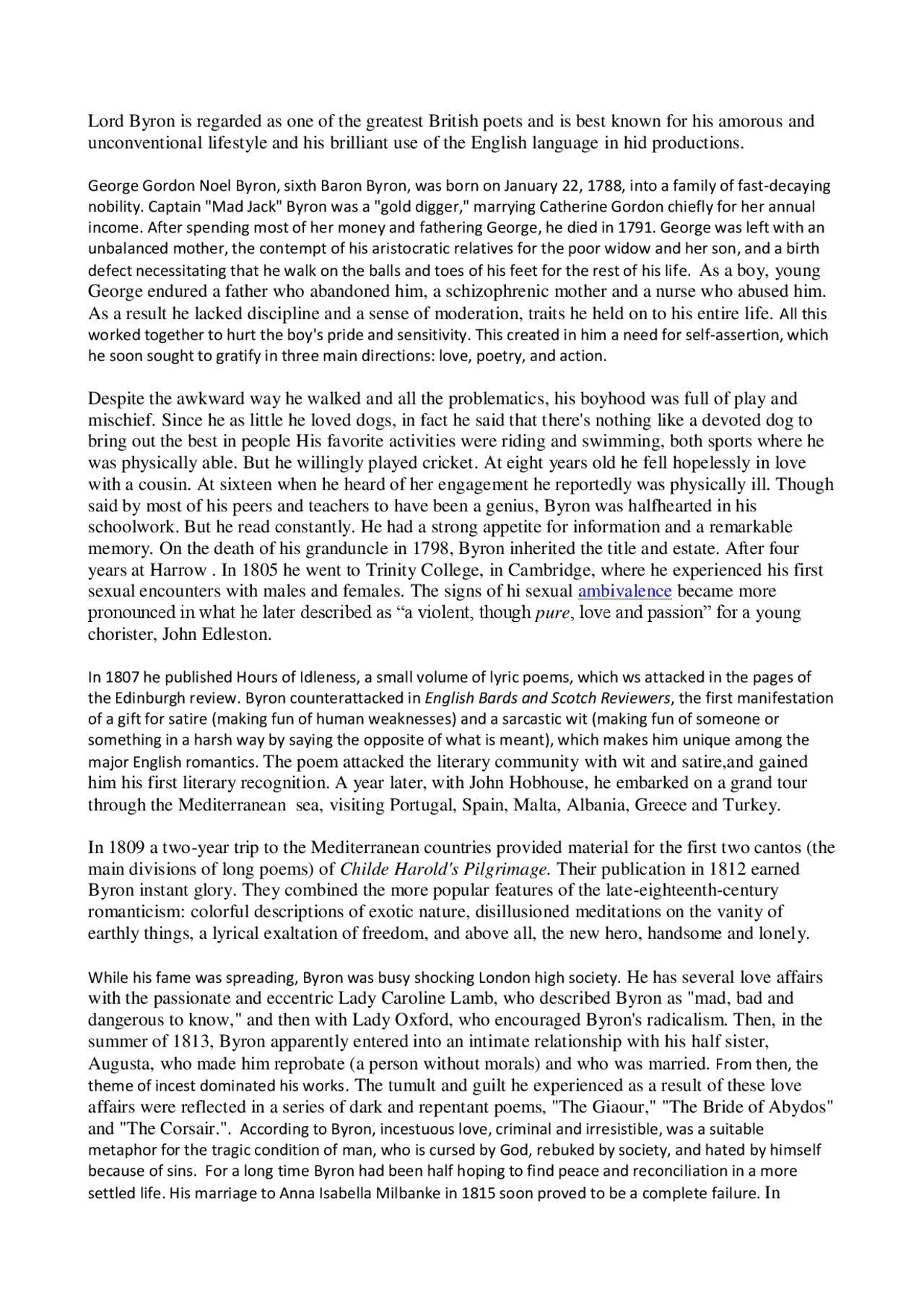 Everything About George Gordon Byron Docsity