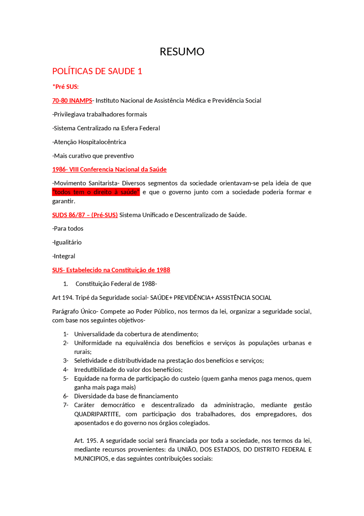 RESUMO SUS, ALGUMAS LEIS E SEUS RESUMOS MAIS IMPORTANTES - Docsity