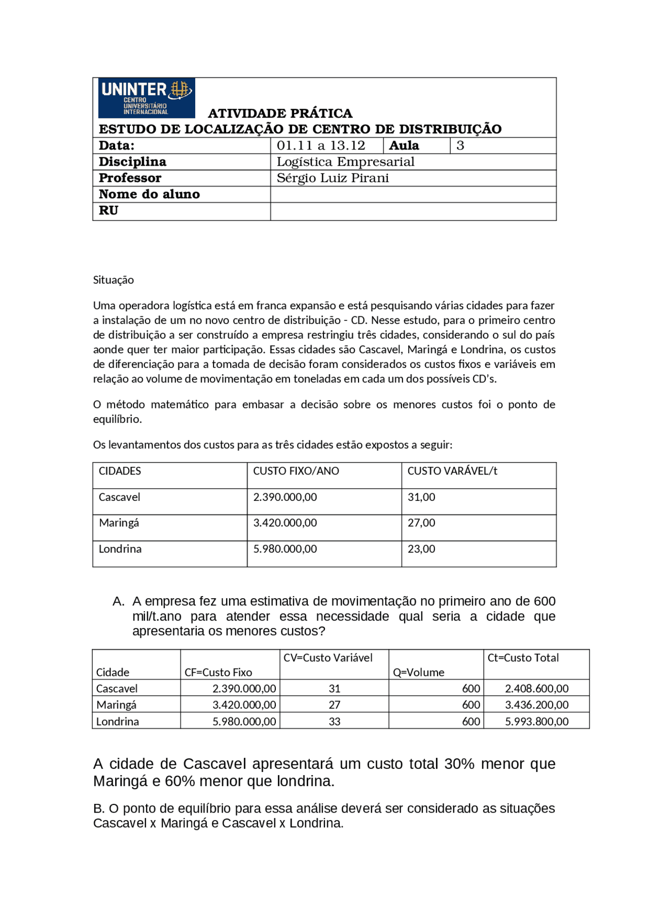Atividade Pratica Logistica Empresarial Exercícios Logística Docsity