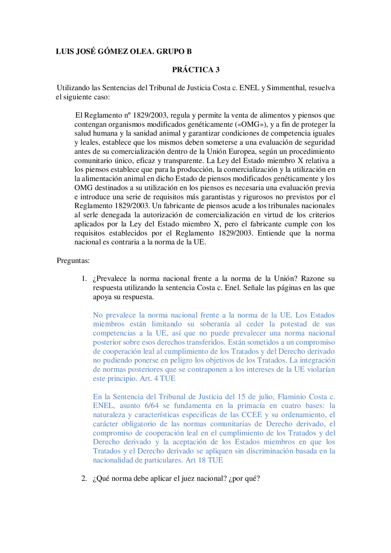 PRÁCTICA 3 Derecho comunitario | Ejercicios de Derecho Laboral Comunitario - Docsity