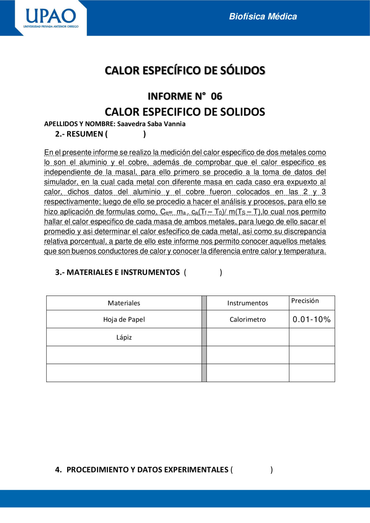 Informe Calor Especifico Monografías Ensayos De Biofísica Docsity