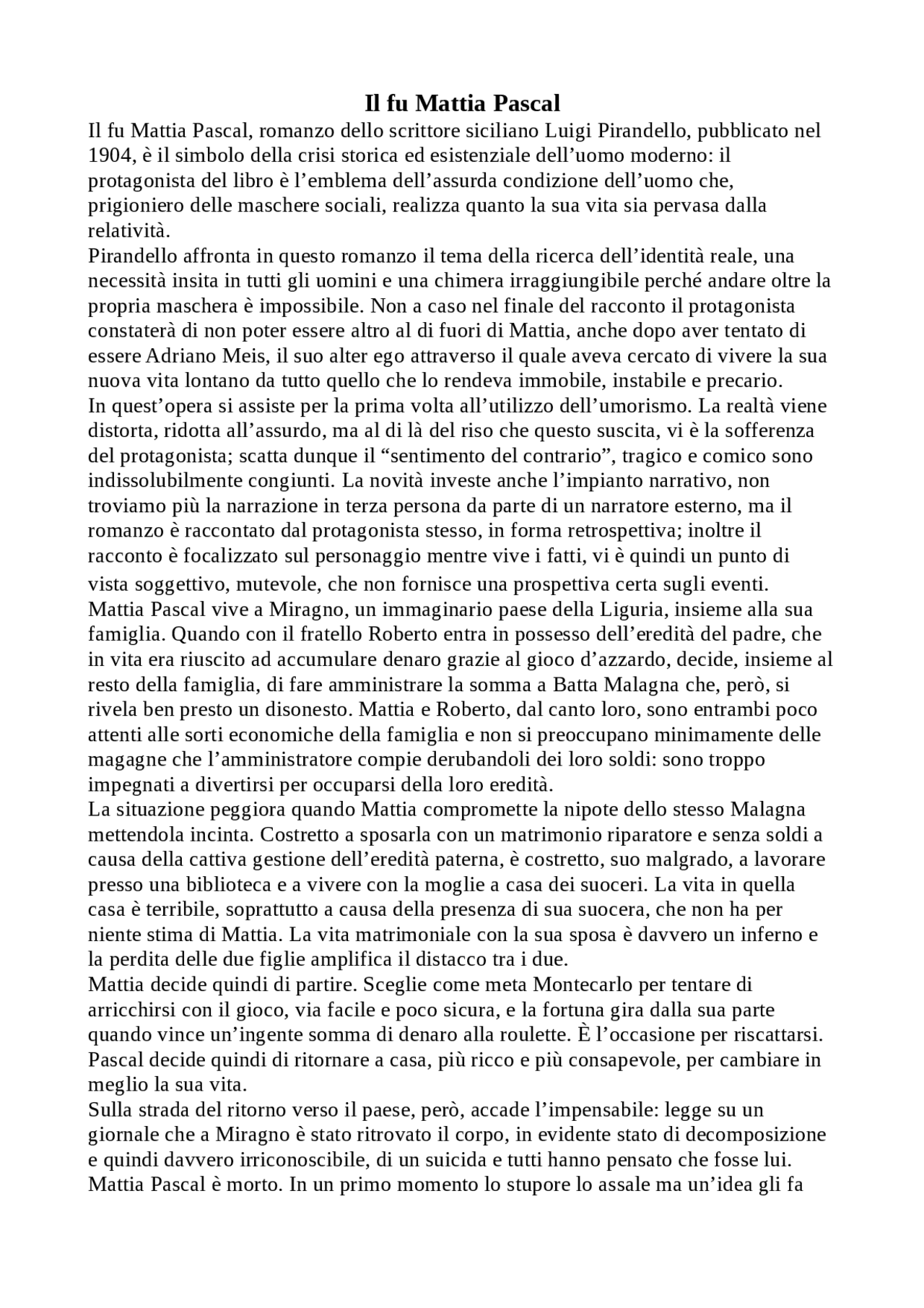 Riassunto Del Fu Mattia Pascal Docsity