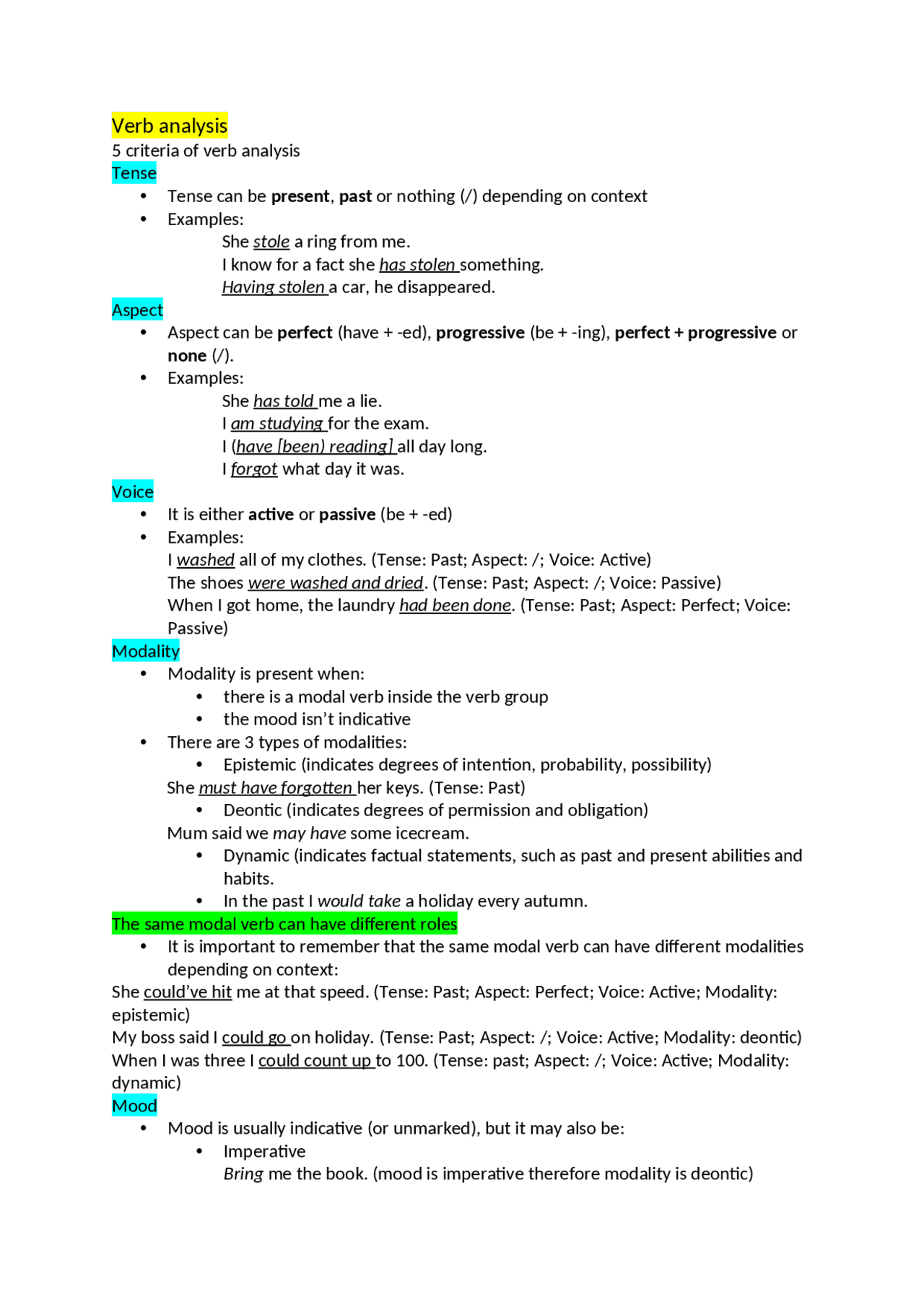 Verb analysis MT inglese II Bagli - Docsity
