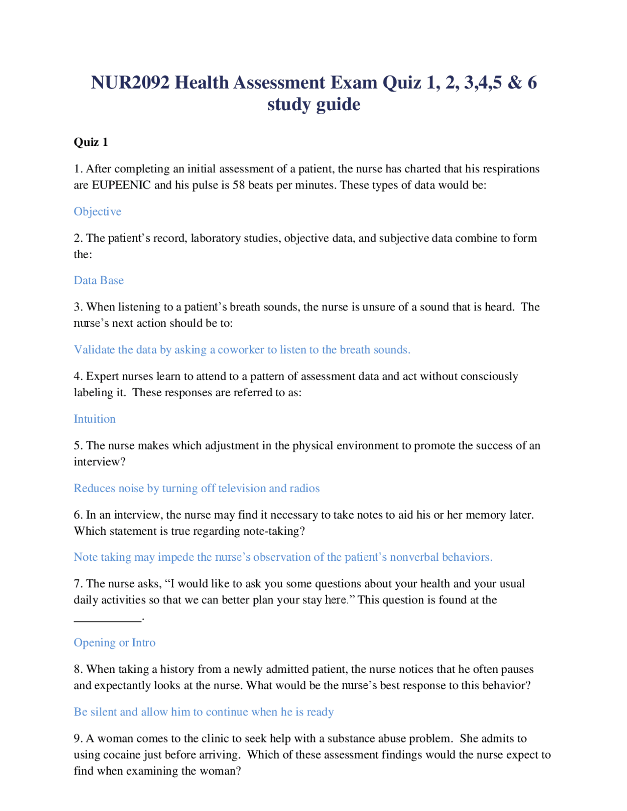 NUR 2092 Health Assessment Quiz 1,2,3,4,5 & 6 study guide / NUR2092 ...