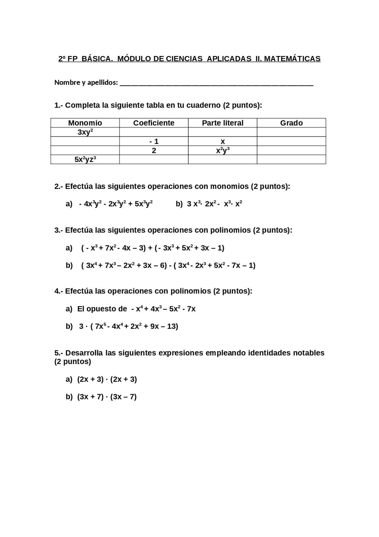 Examen Tema 1 MatemÁticas 2º Fp BÁsica Ciencias Aplicadas Docsity
