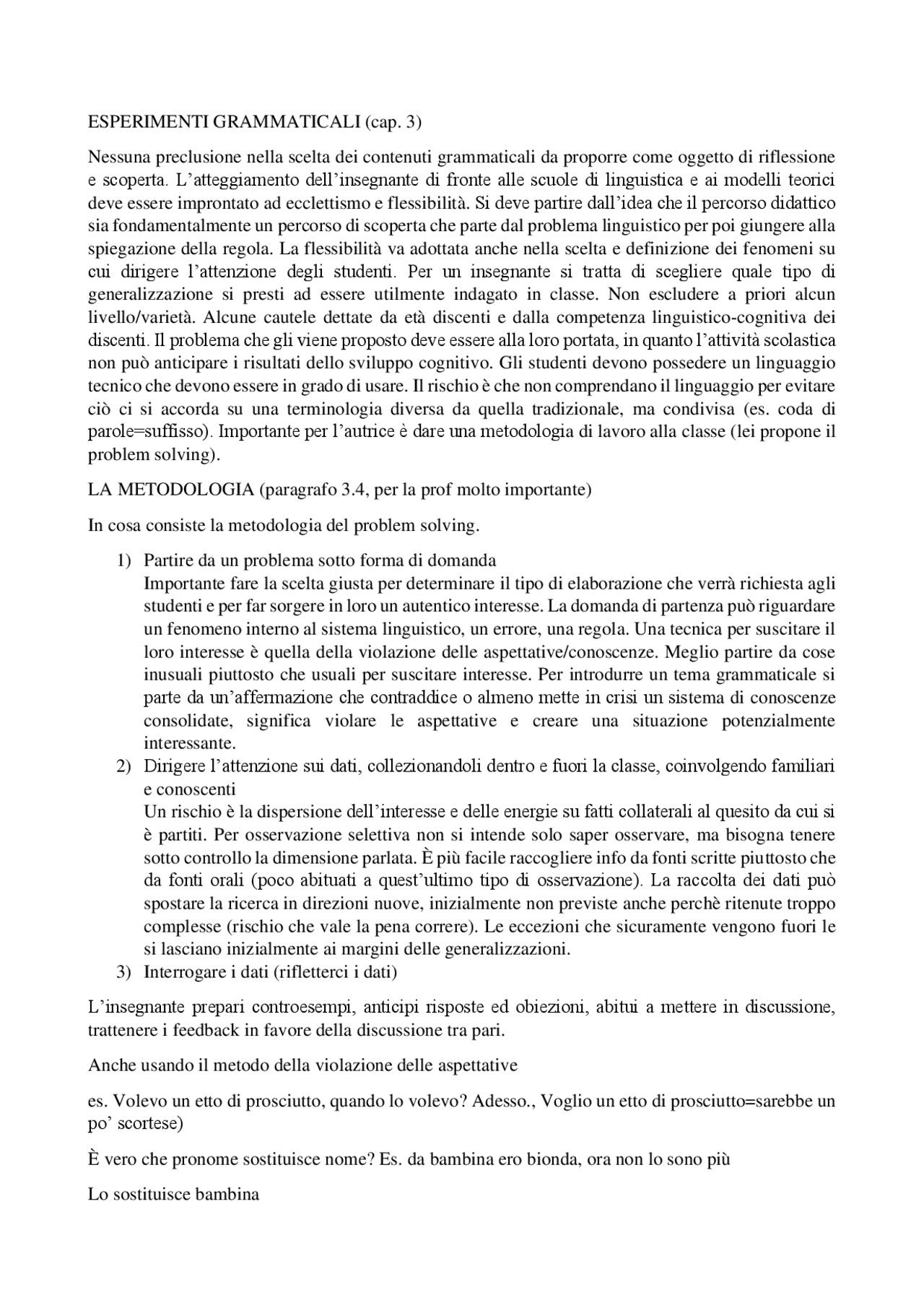 Riassunto cap. 3-4 esperimenti grammaticali - Docsity