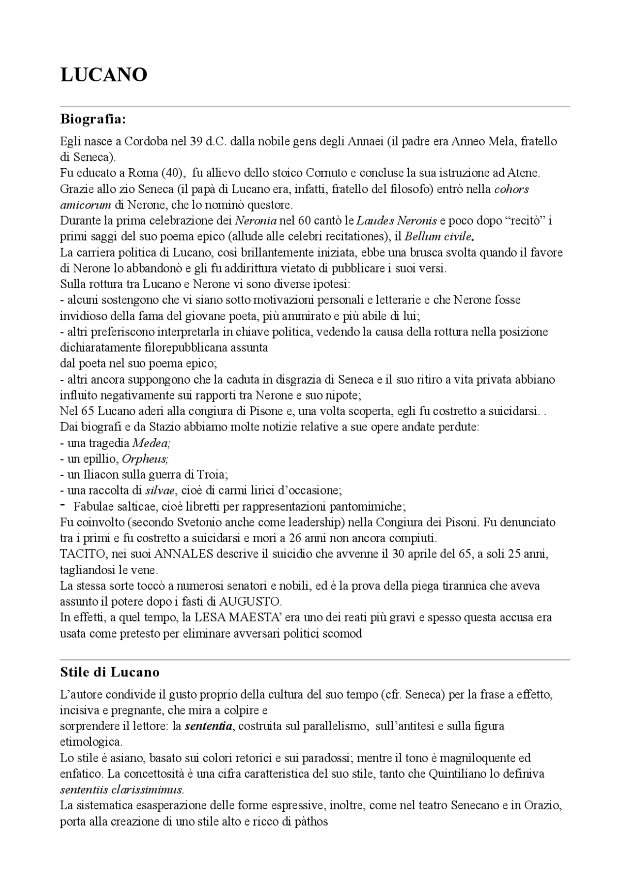 Lucano Vita Opere Docsity