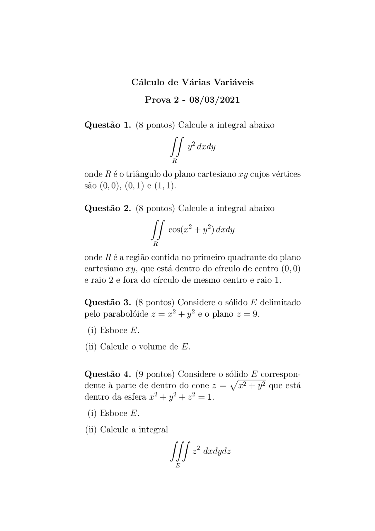 Prova 2 Cálculo De Várias Variáveis Provas Cálculo Diferencial E