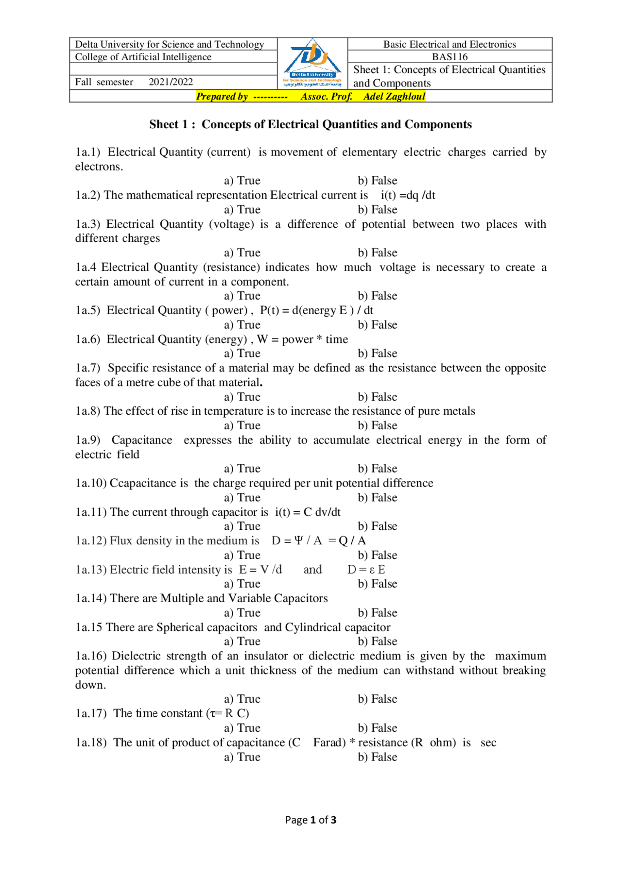 Sheet about Concepts of electrical quantities and components - Docsity