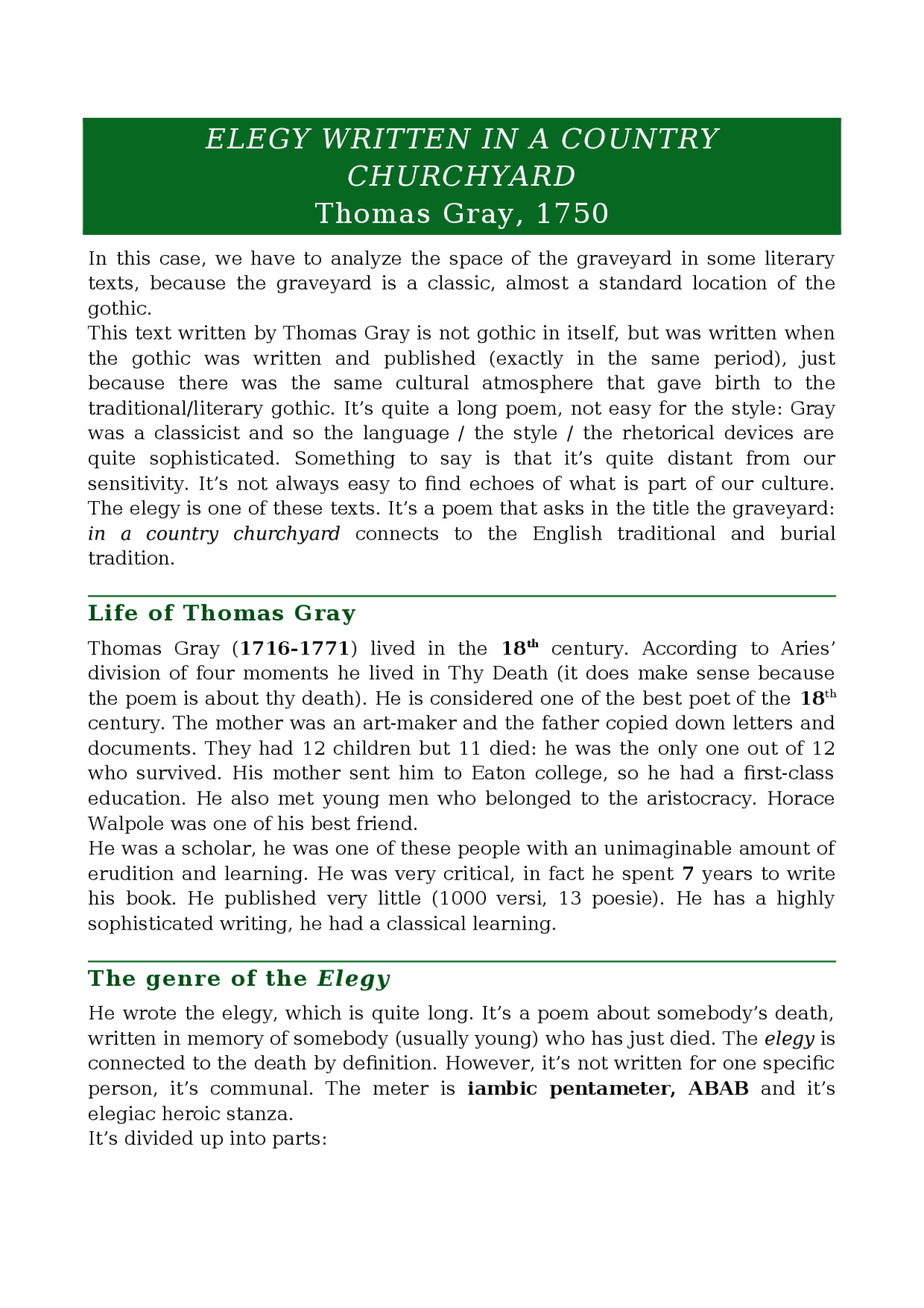 Thomas Gray: Elegy written in a country churchyard - Docsity