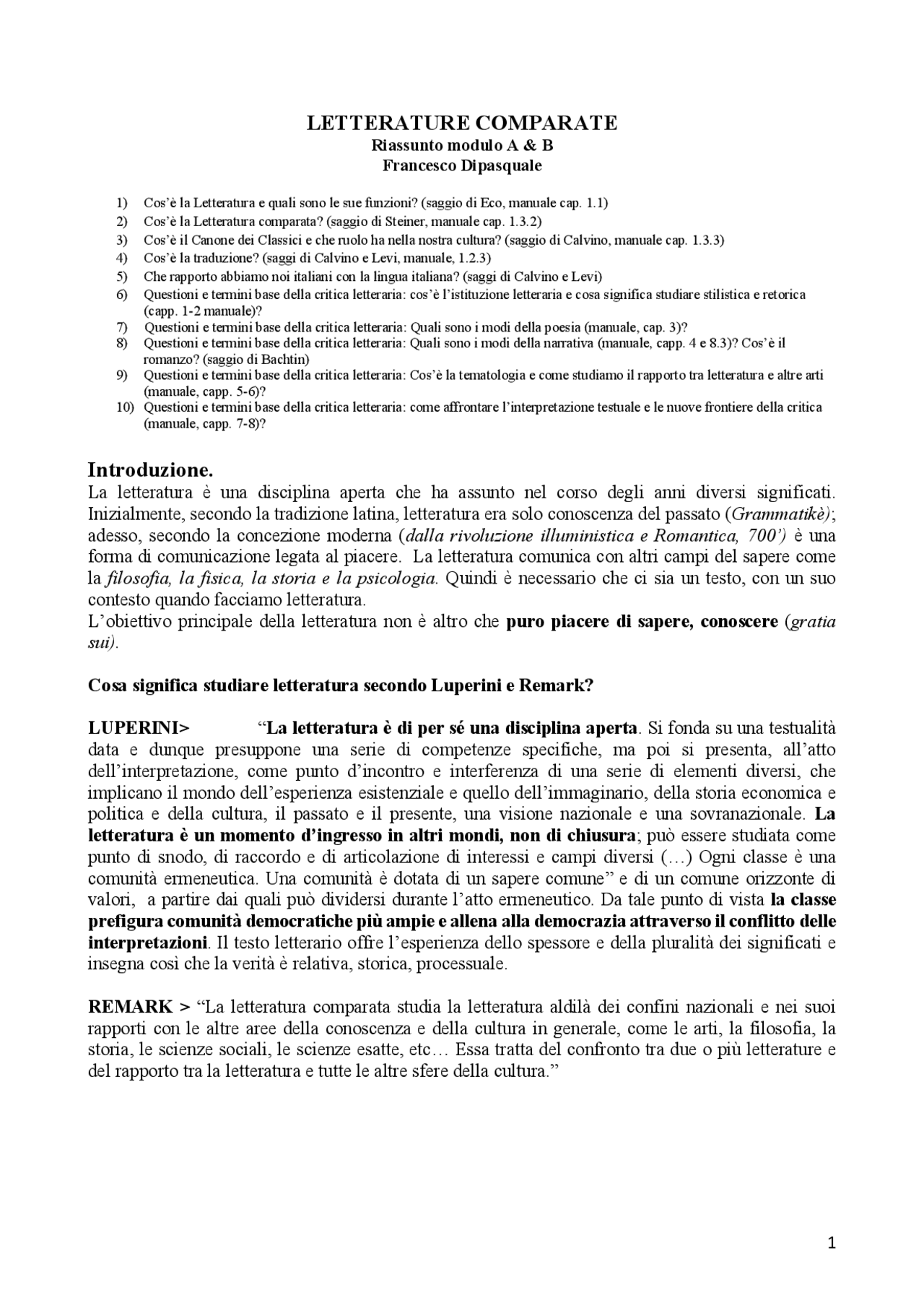 Letterature Comparate Riassunto Moduli A And B Docsity