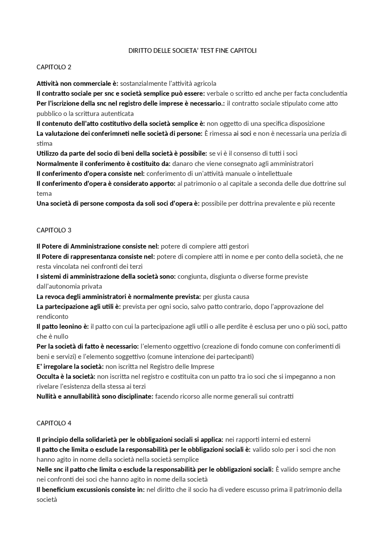 Test di fine capitolo Diritto delle Società | Panieri di Diritto delle ...
