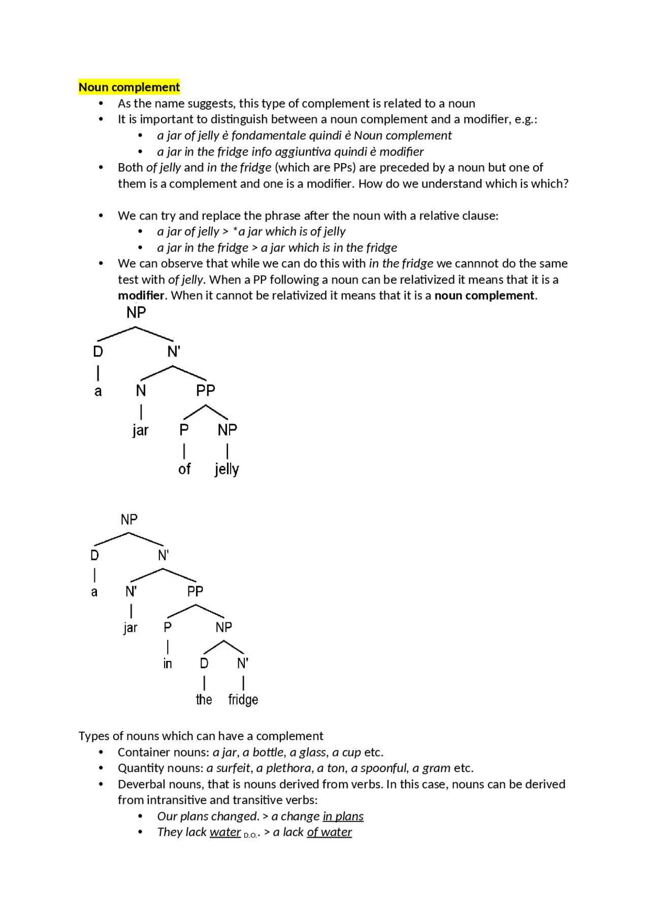 Noun complement e complementizer phrase MT inglese II - Docsity