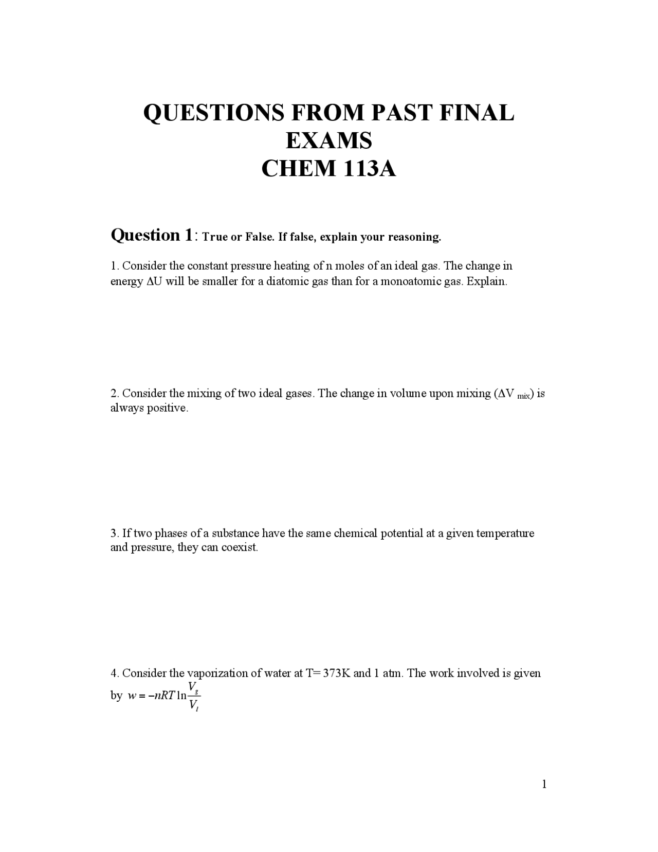 Chem 113 A Past Final Exams Solutions Docsity