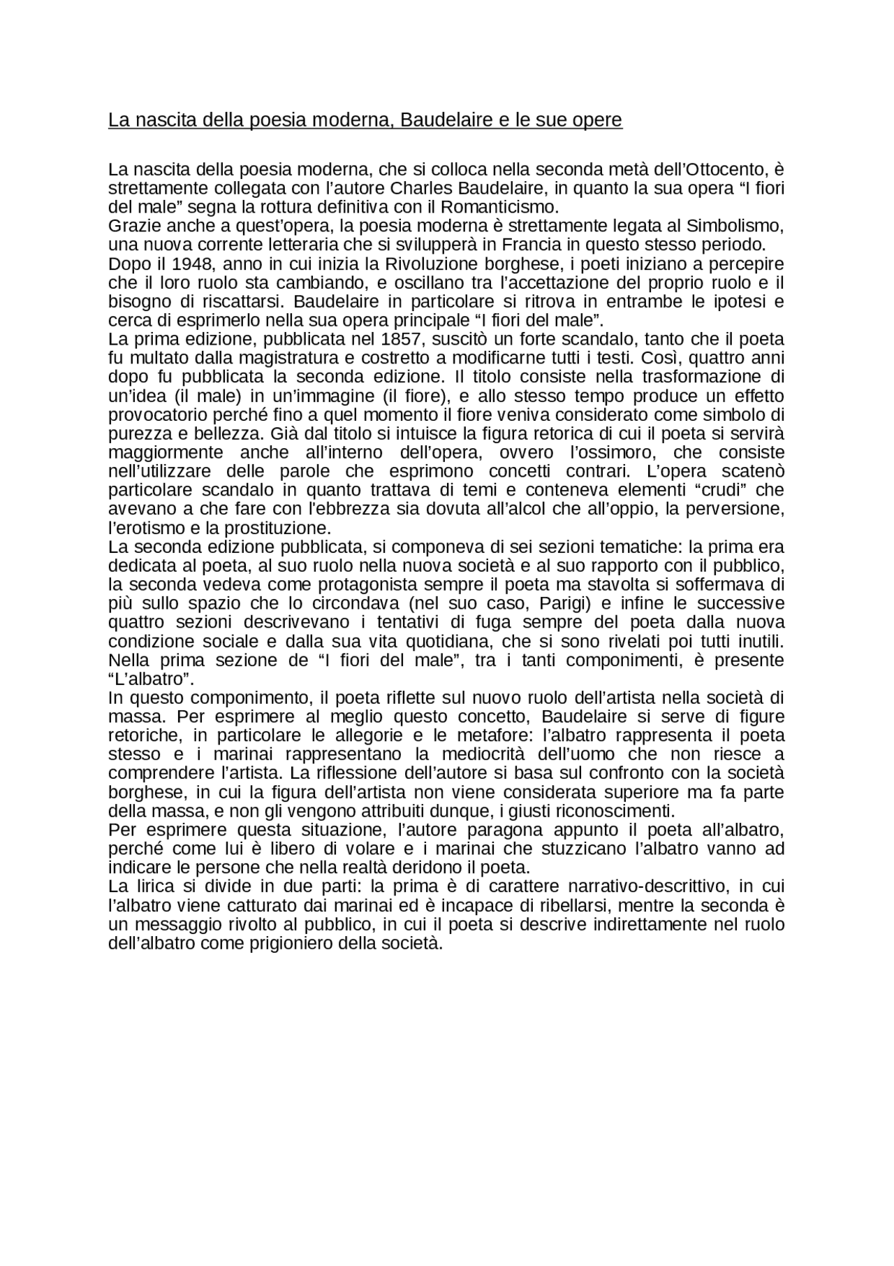 La nascita della poesia moderna e Baudelaire - Docsity