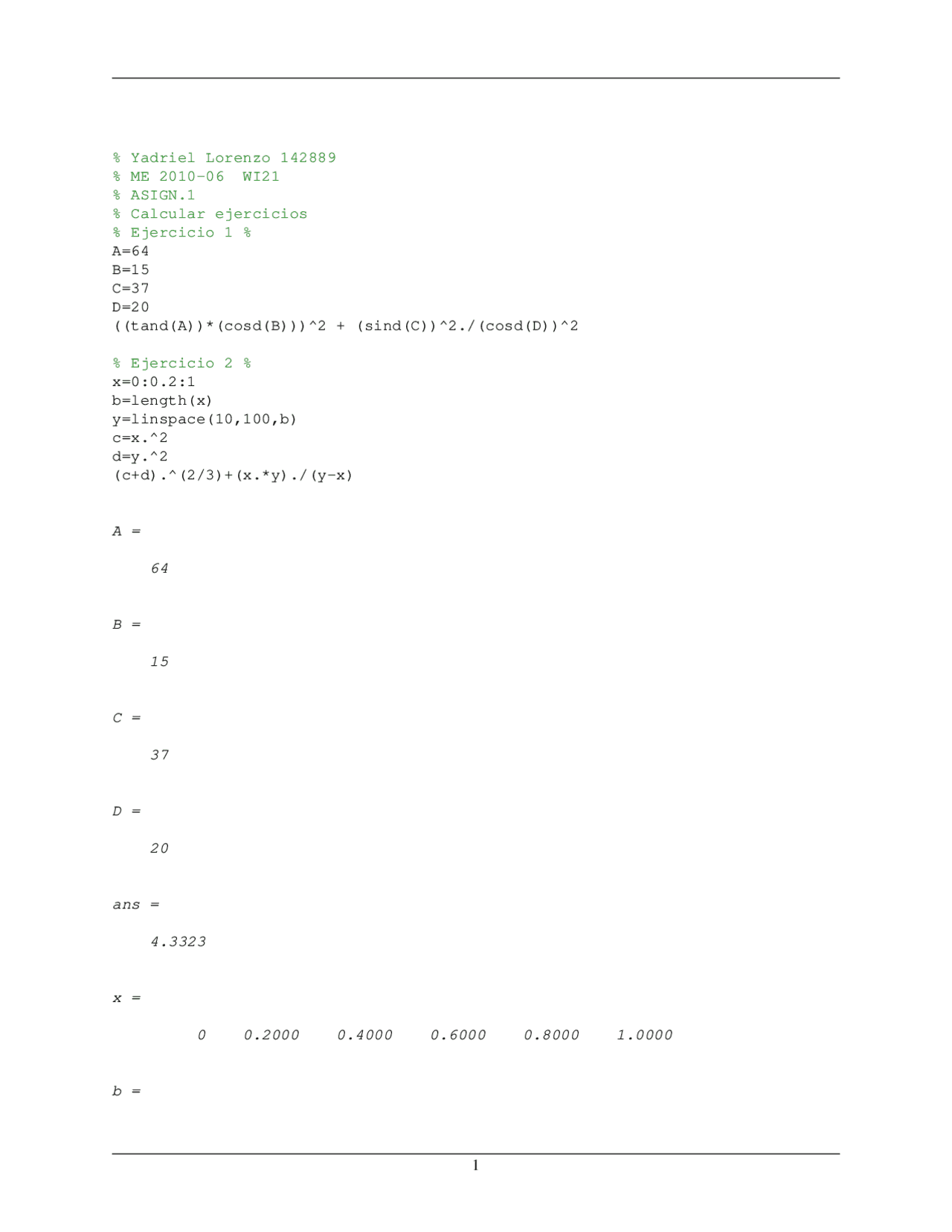 Ejercicios de matlab de practicas en operaciones - Docsity
