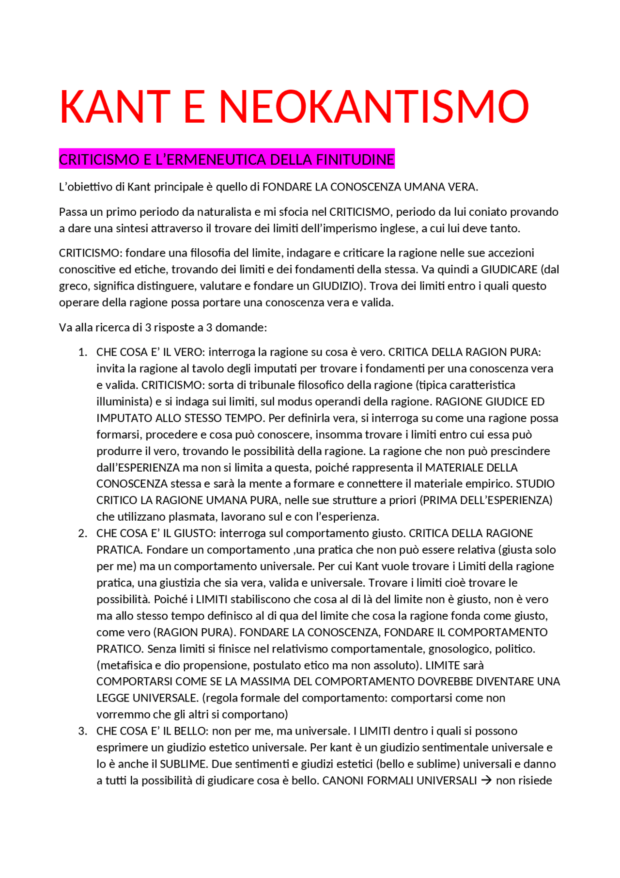 Appunti E Riassunto Kant Docsity