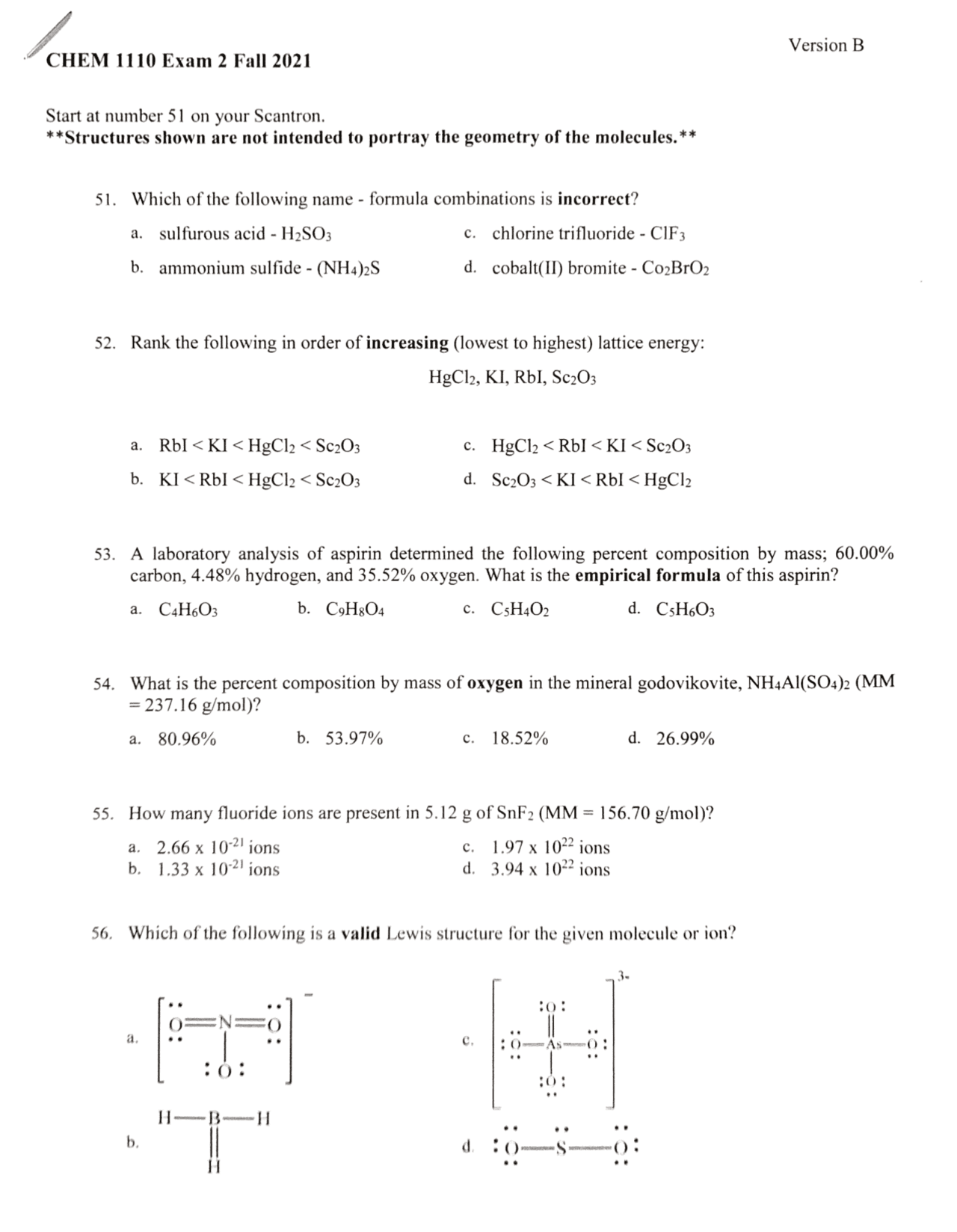 CHEM 1110 Exam 2 Fall 2021 - Docsity