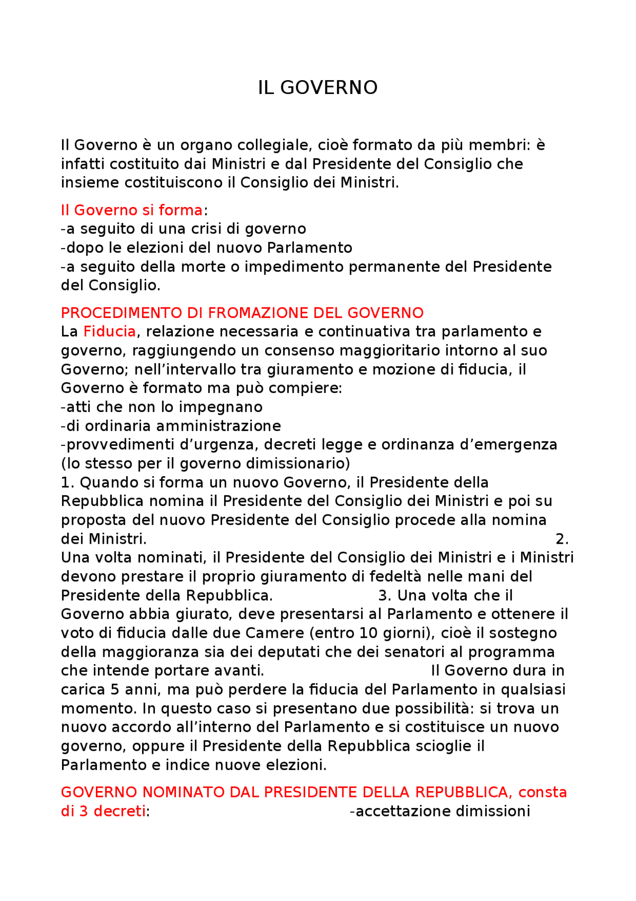 Governo italiano, costituzione scioglimento fondamenti | Schemi e mappe ...
