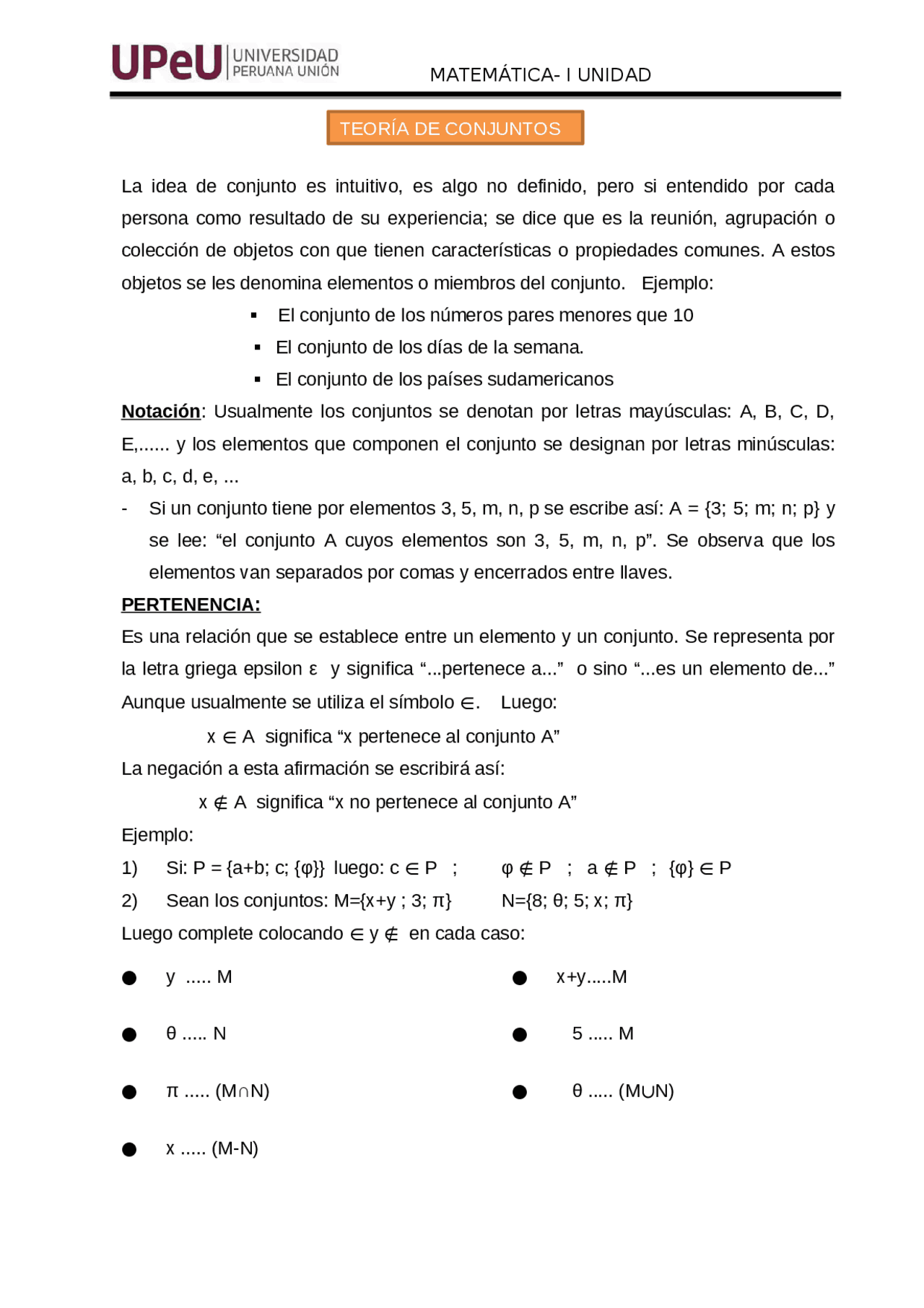CONJUNTOS DE MATEMATICA BASICA - Docsity