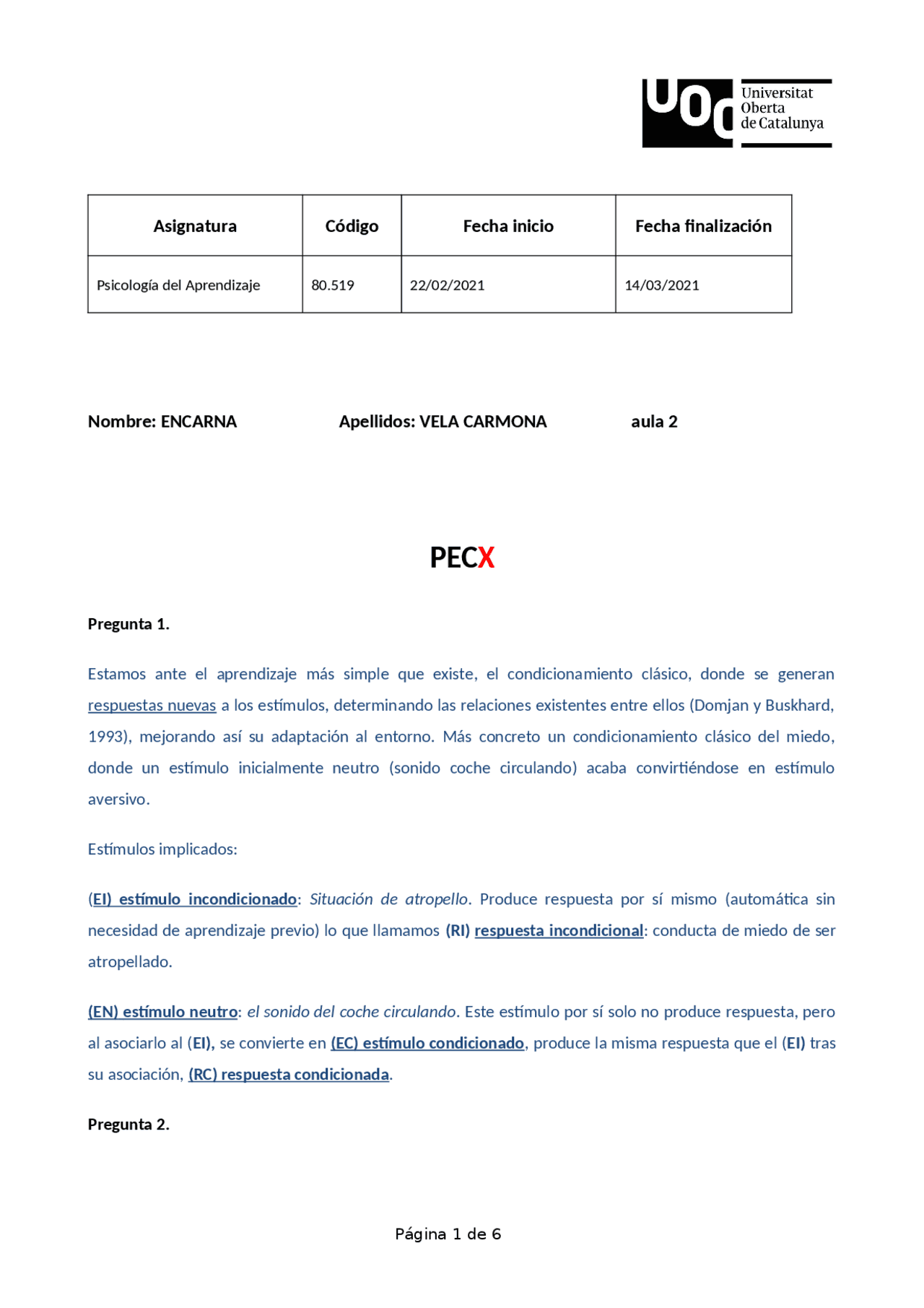 Pec1 Psicologia del Aprendizaje 2021 - Docsity