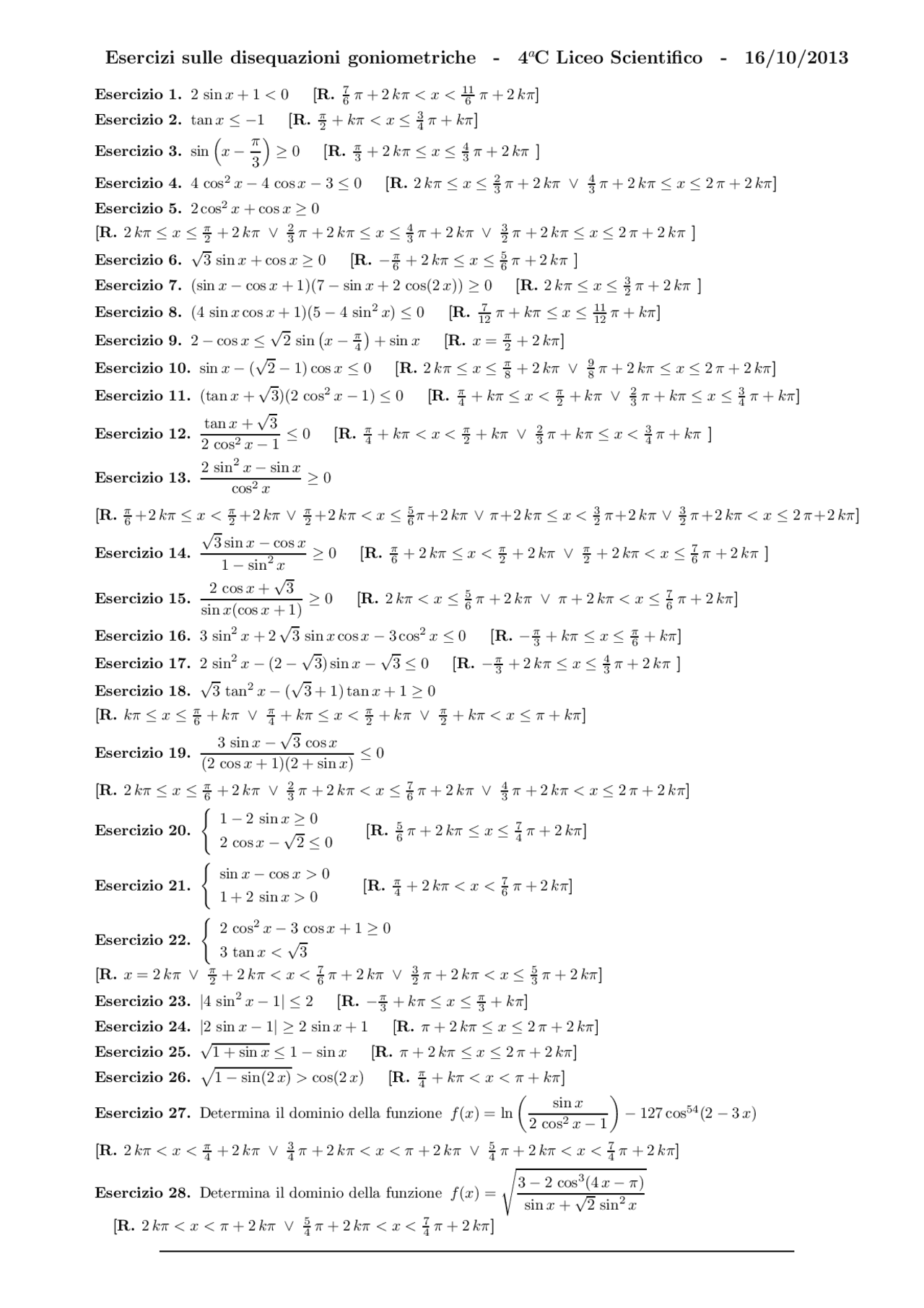 Esercizi Di Matematica Goniometria Docsity