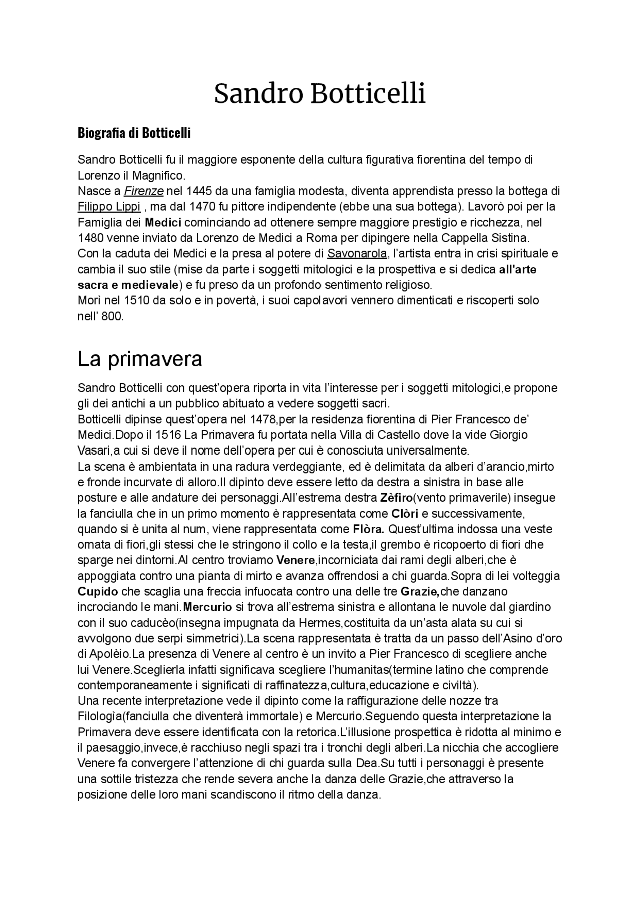 Appunti su Sandro Botticelli (itinerario nell'arte 3) - Docsity