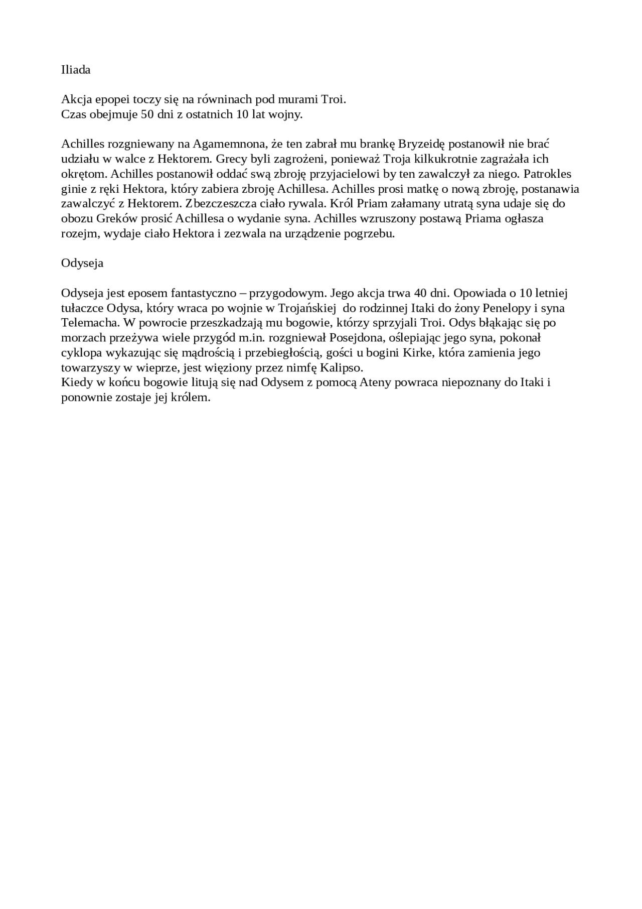 Odyseja i illiada notatka z polskiego - Docsity