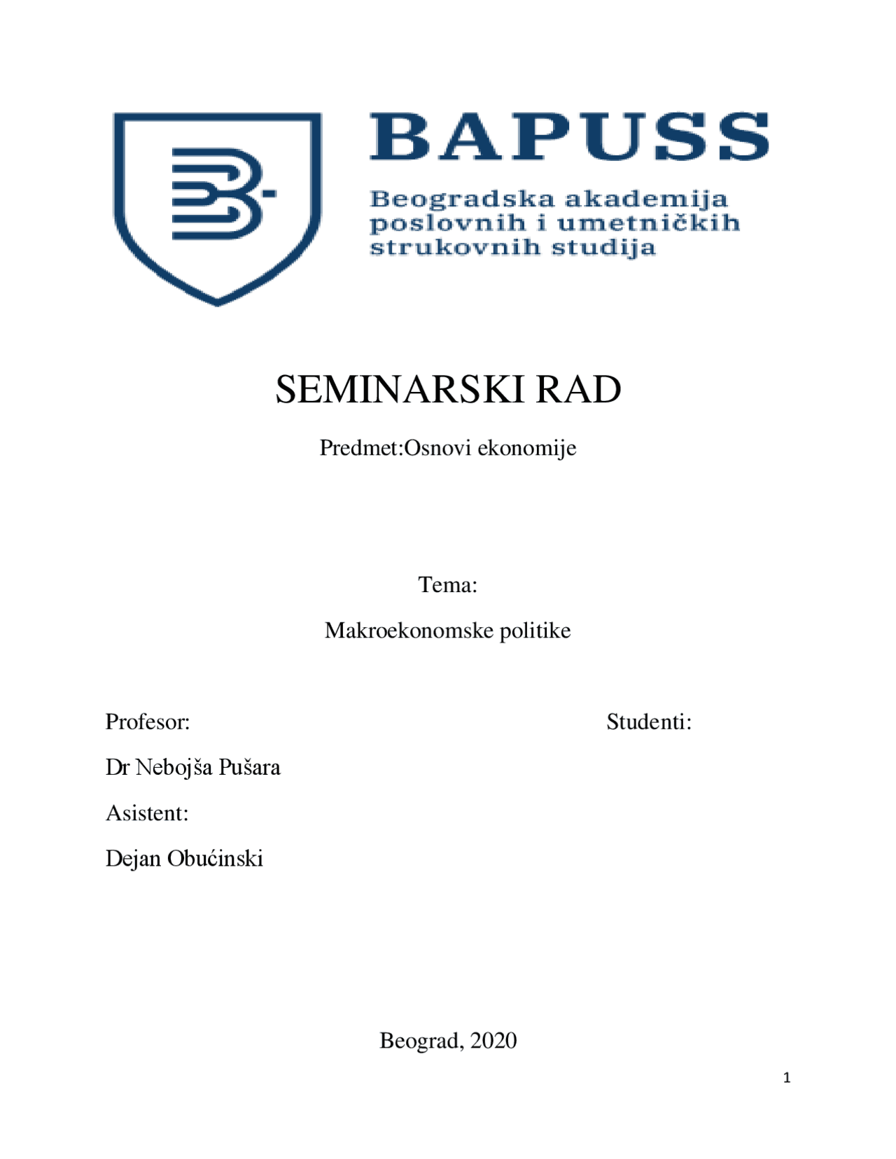 Ekonomija seminarski-BAPUSS | Seminarski radovi' predlog Ekonomija ...