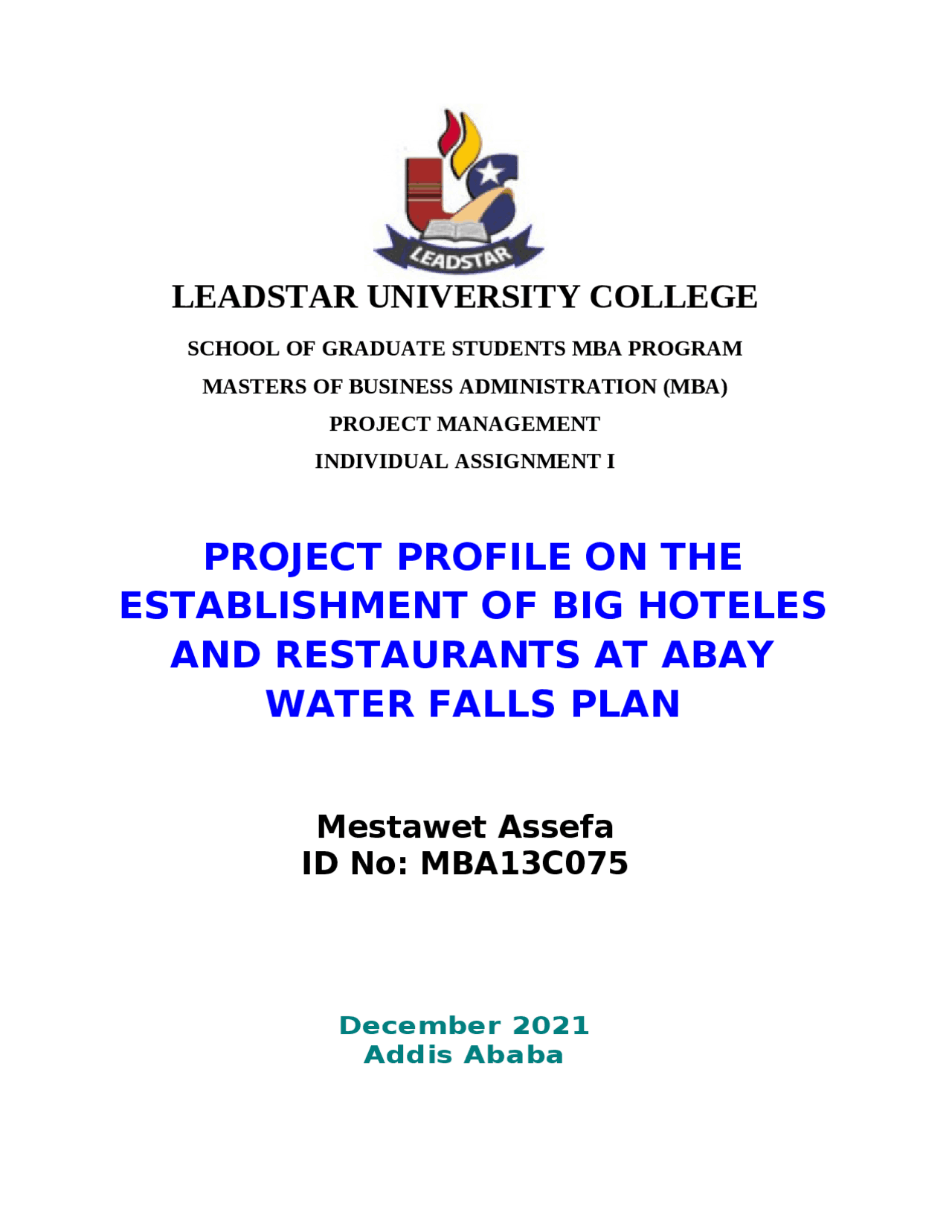 FEASIBLITY STUDY ON A ONE PROJECT IDEA: ABAY WATER FALL | Summaries ...