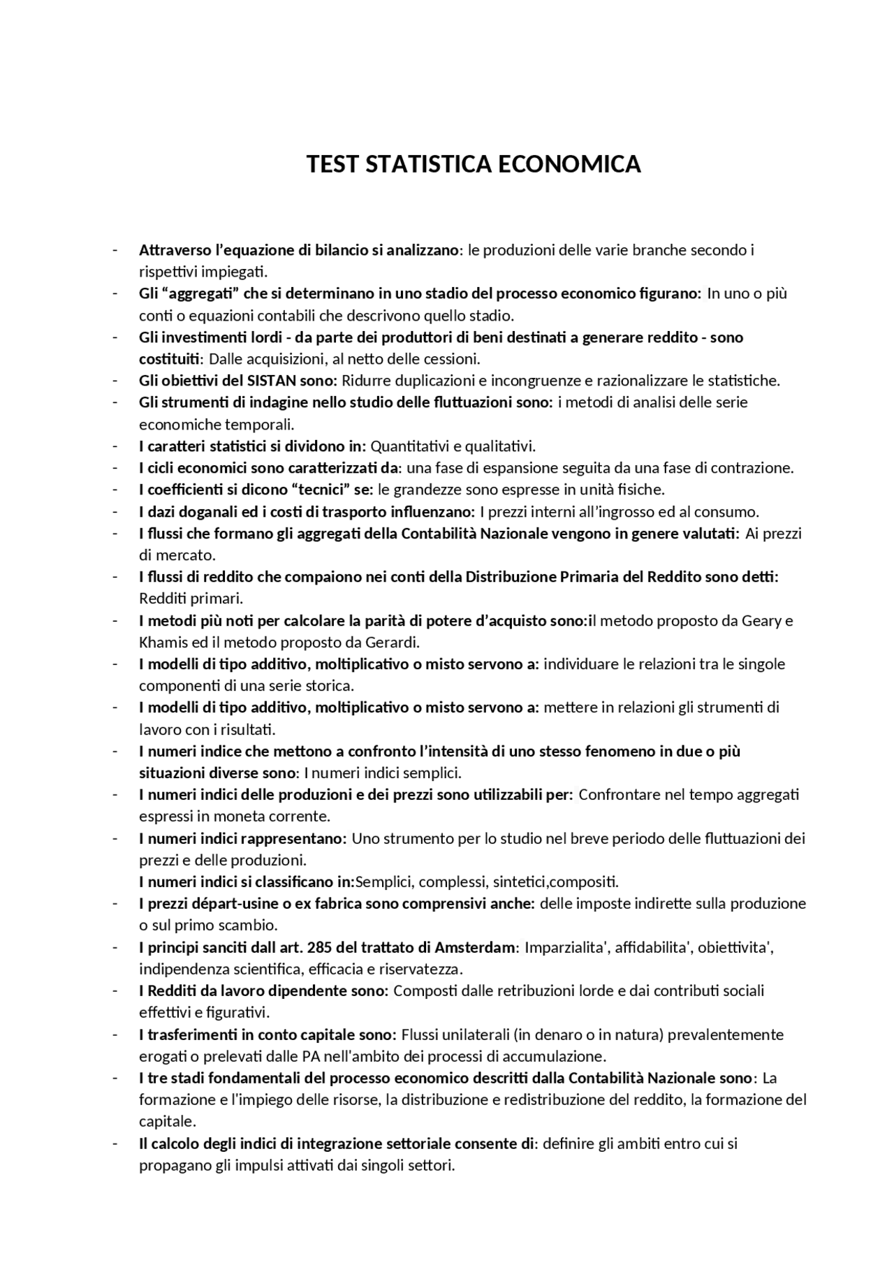 Test Esame Pegaso Statistica Economica Docsity