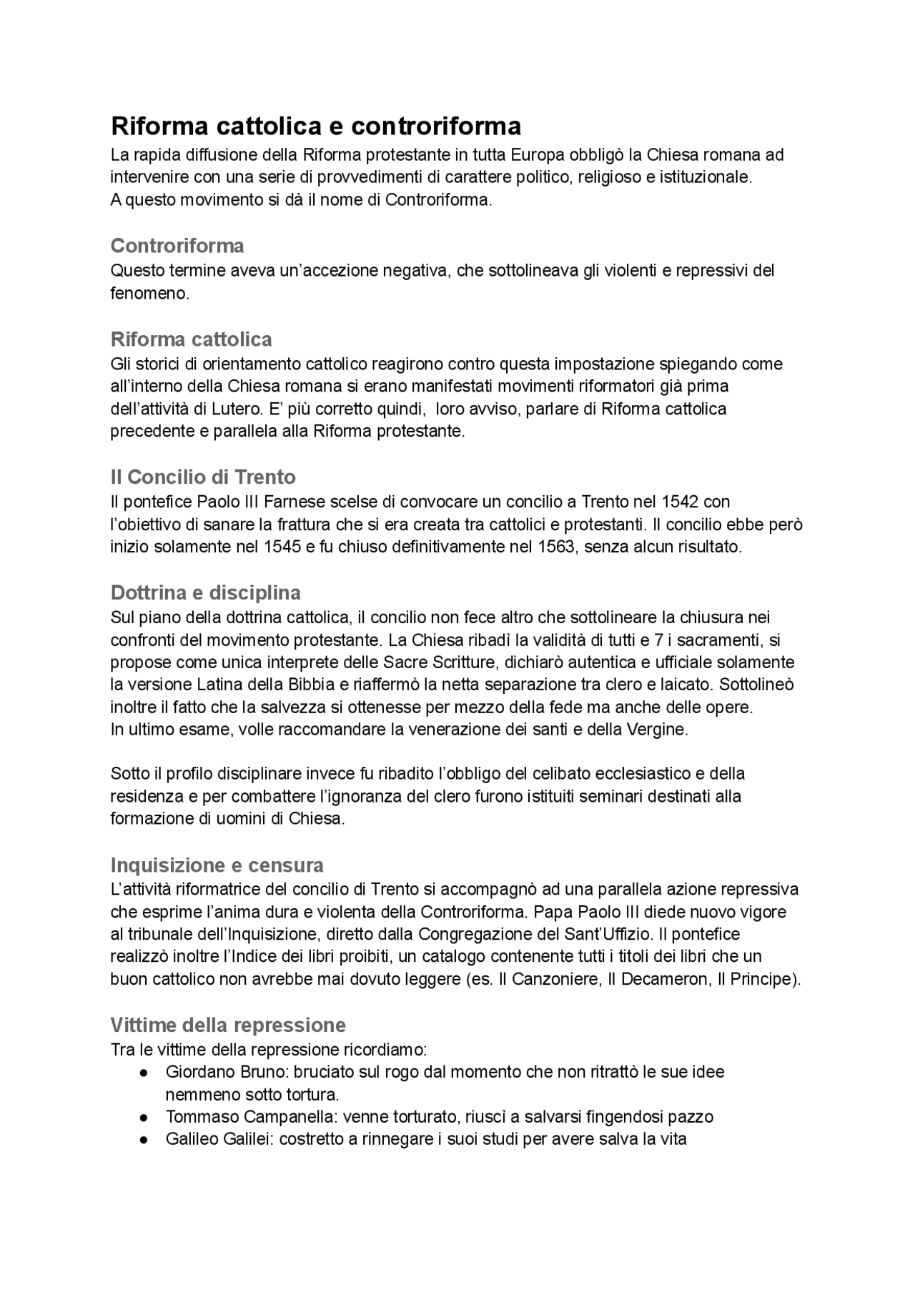Riforma Cattolica E La Controriforma Docsity