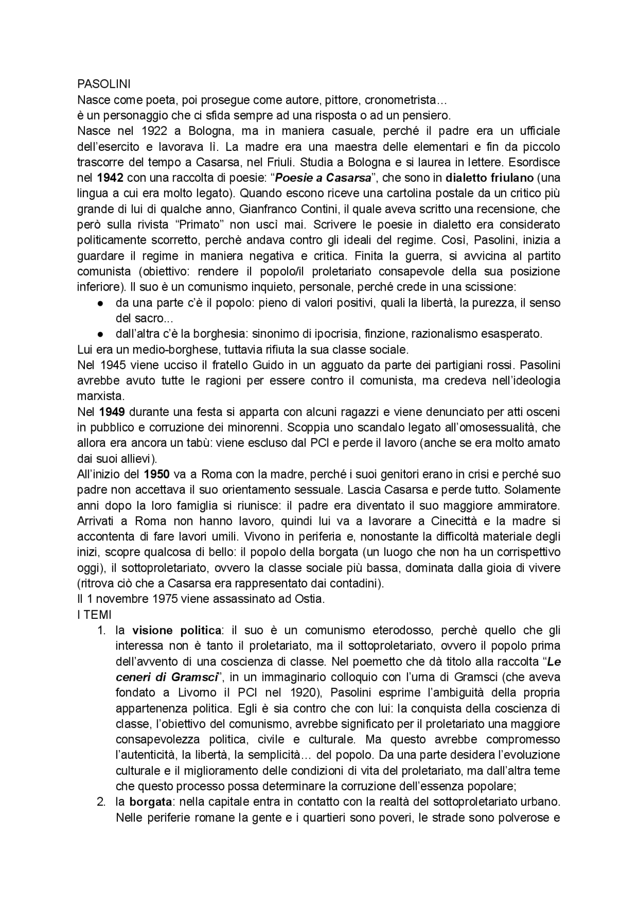 Appunti di Letteratura Italiana su Pasolini - Docsity