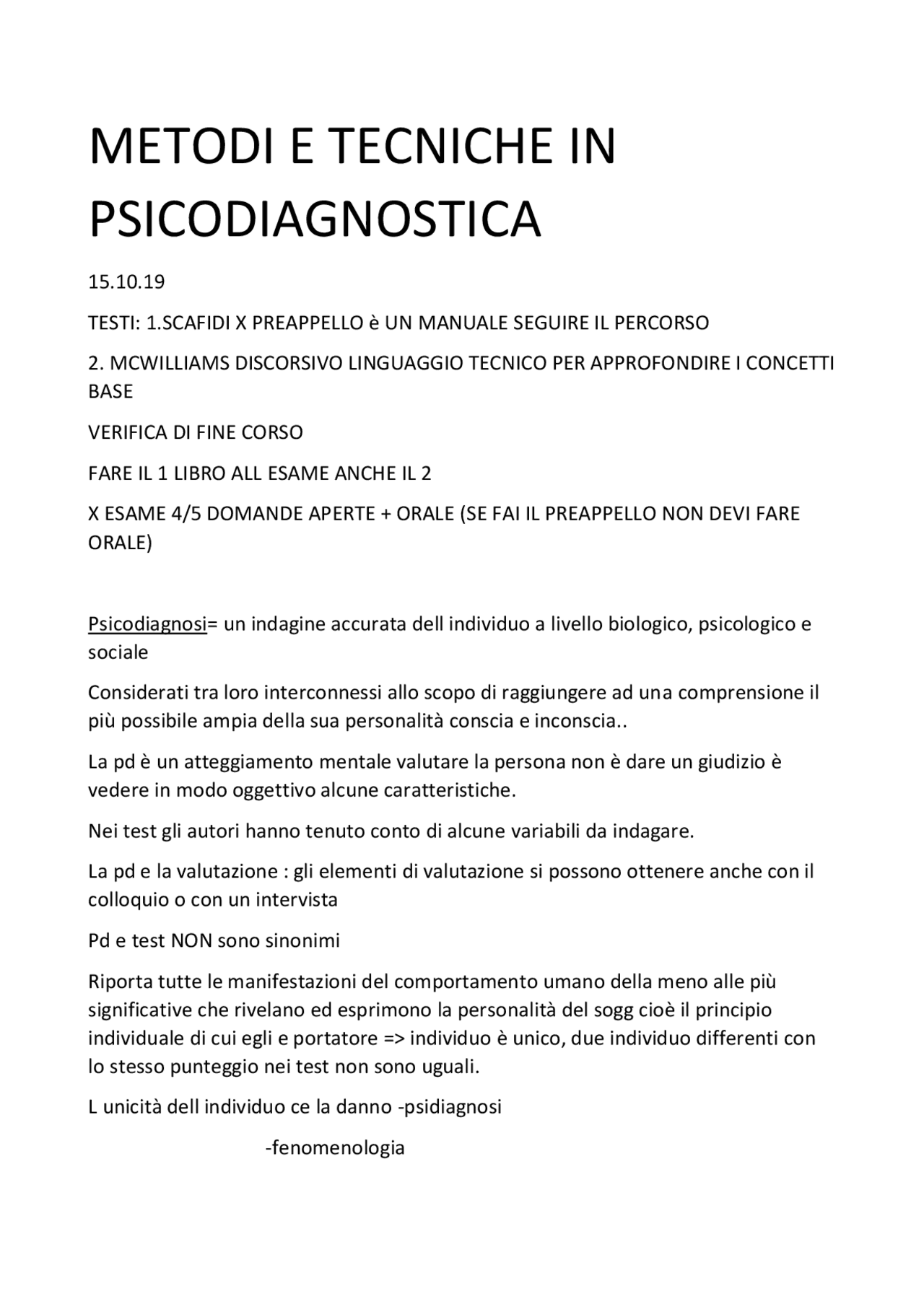 Appunti Di Metodi E Tecniche In Psicodiagnosi Docsity