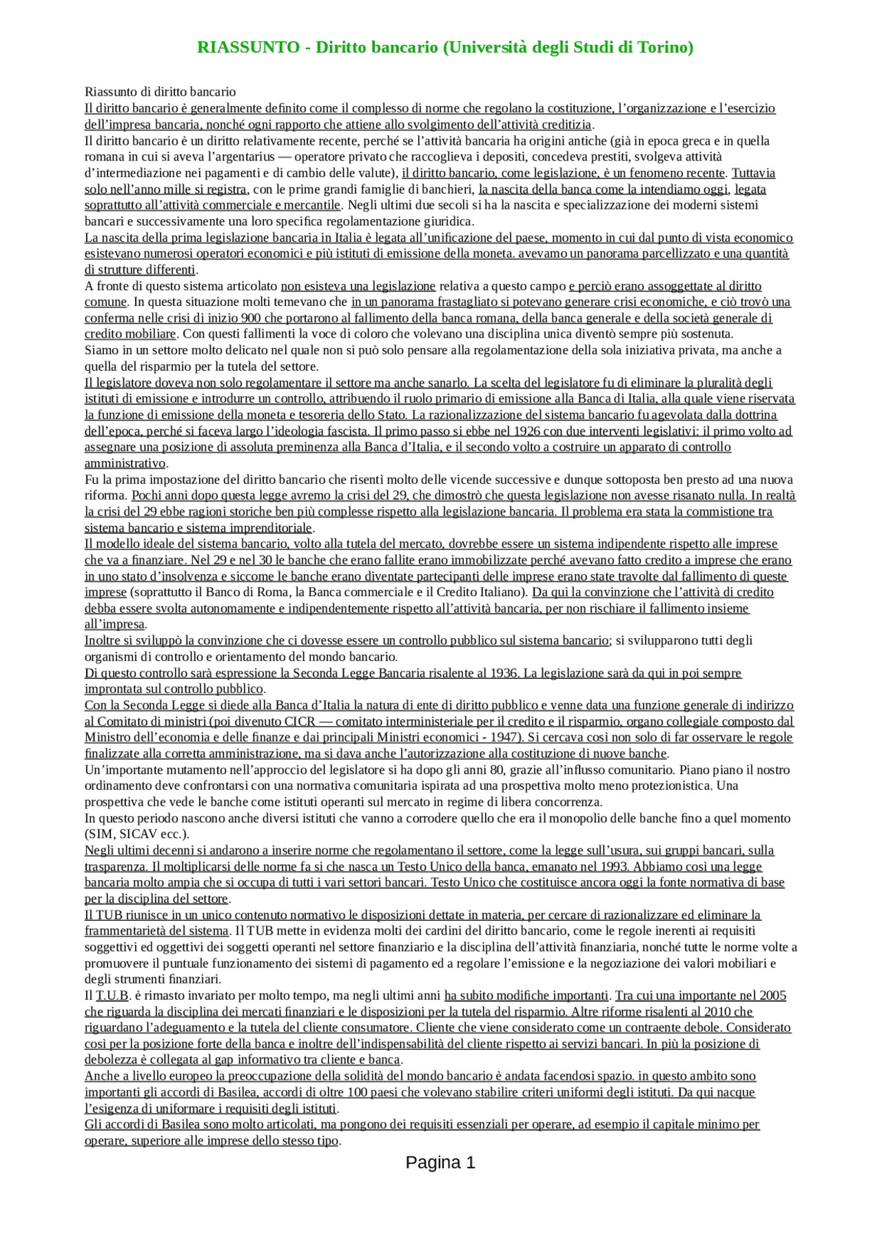 Diritto bancario - Riassunto - Università degli Studi di Torino - Docsity