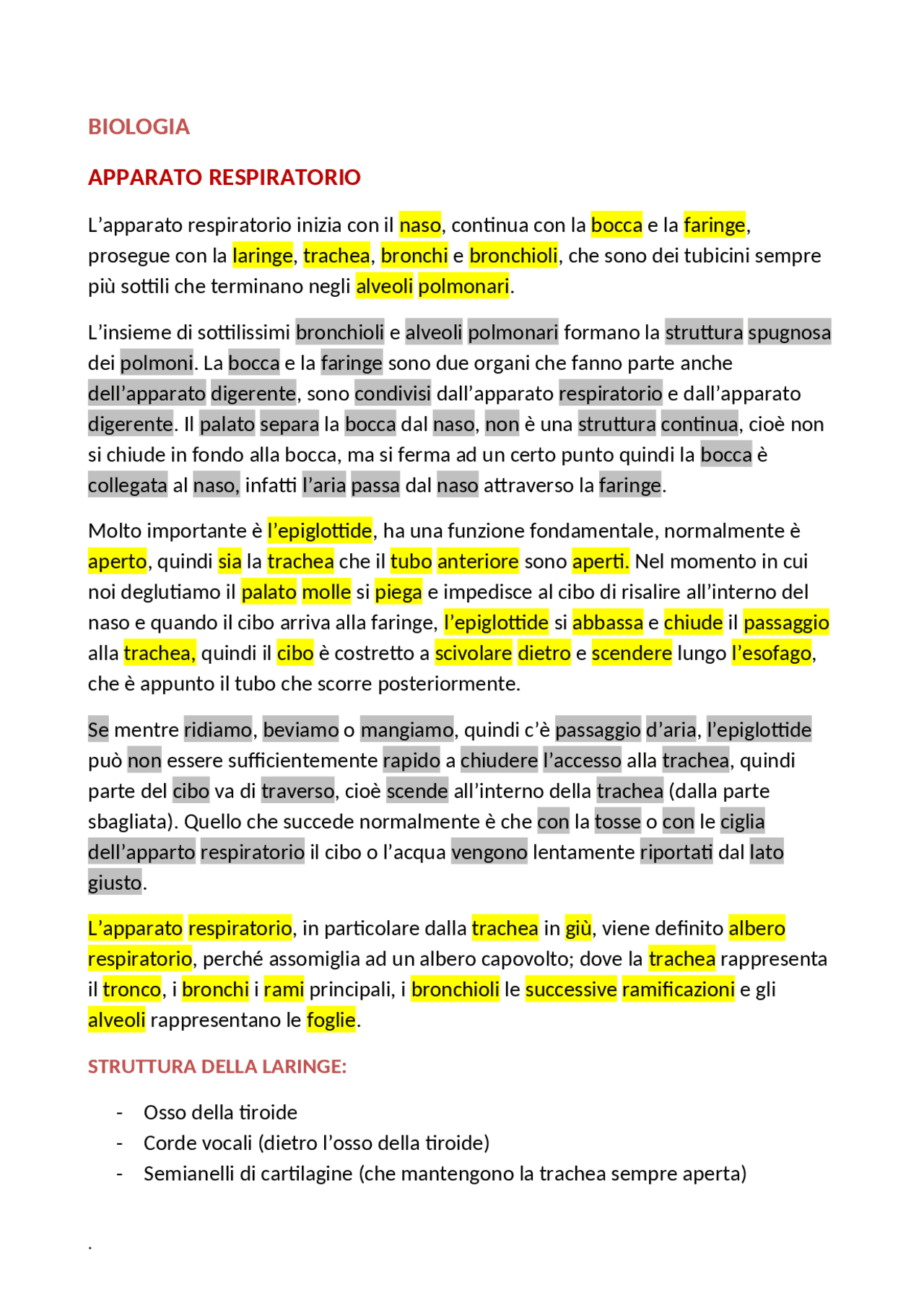 Riassunto Apparato Respiratorio Docsity