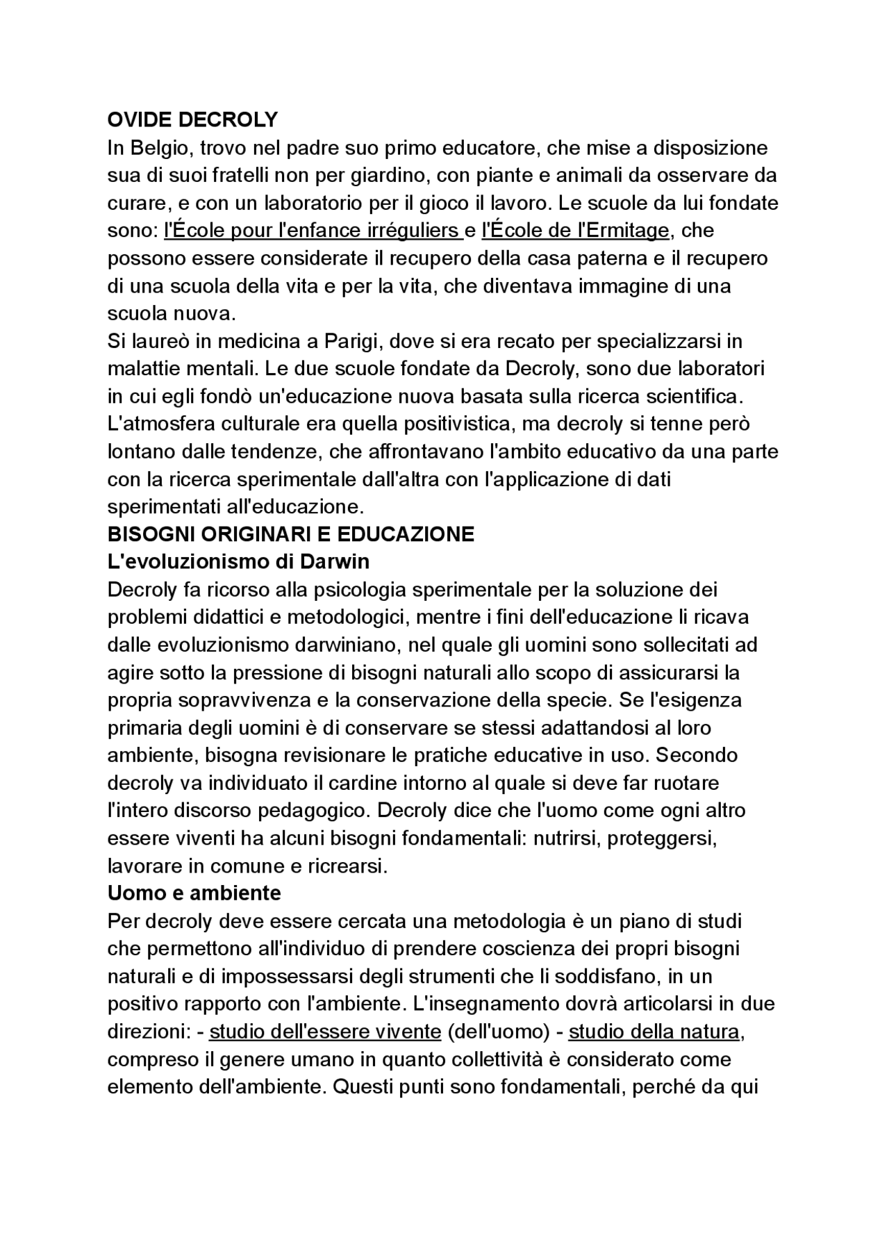 La pedagogia di Decroly - Docsity