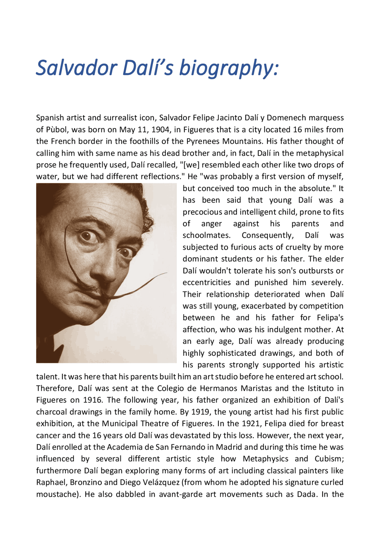 Biografia Salvador Dalì in inglese - Docsity