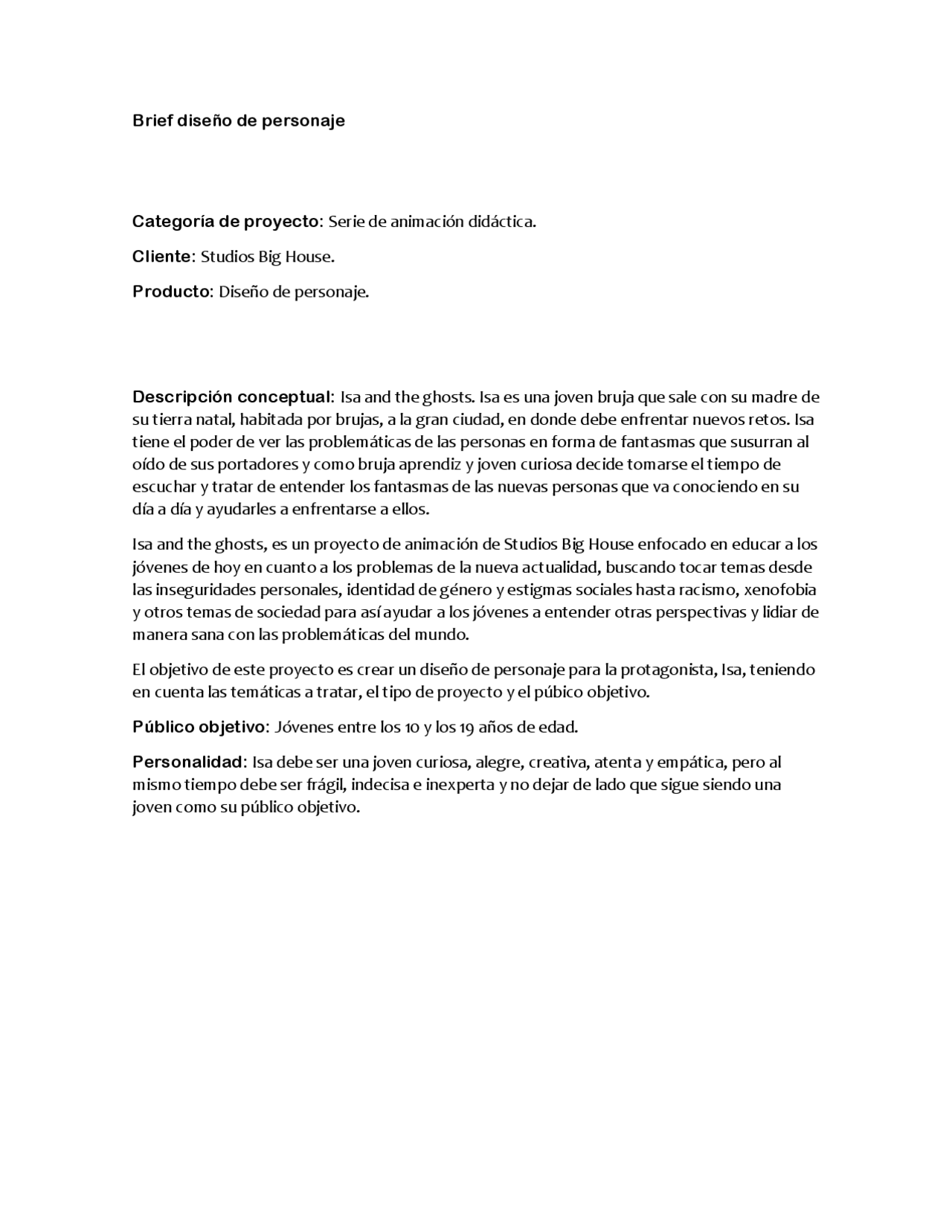Brief diseño de personaje | Ejercicios de Dibujo artístico | Docsity