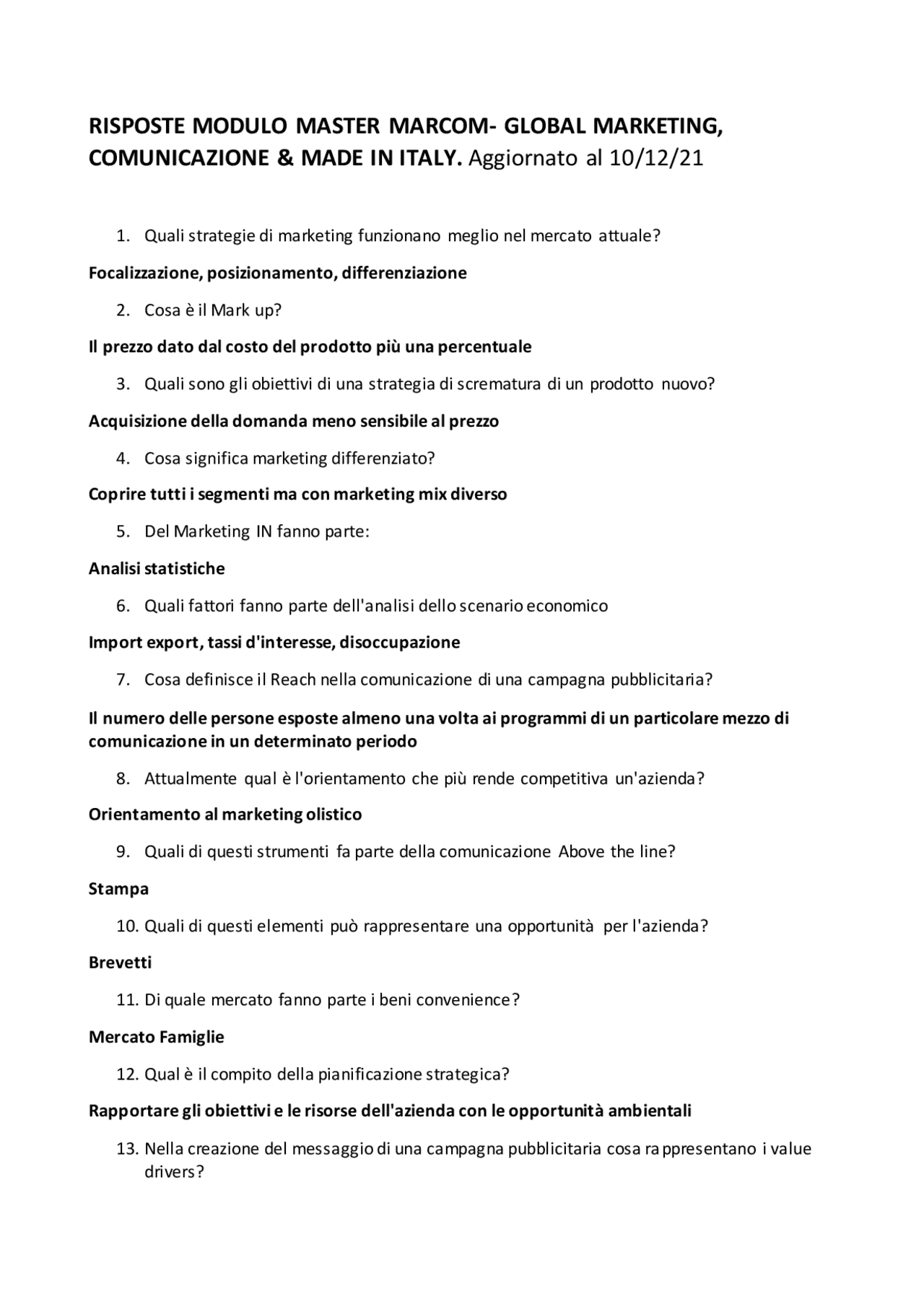 Risposte Modulo 3 Master Marcom Prove Desame Di Marketing Docsity