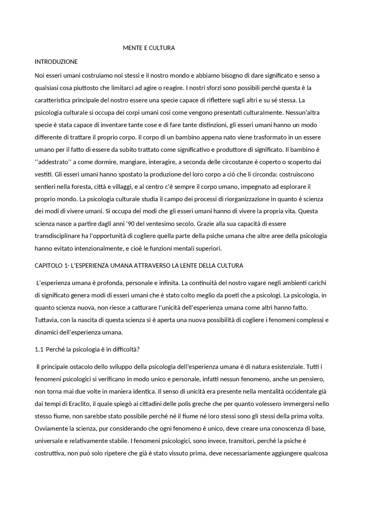 Riassunto Psicologia Culturale Libro Mente Corpo Docsity