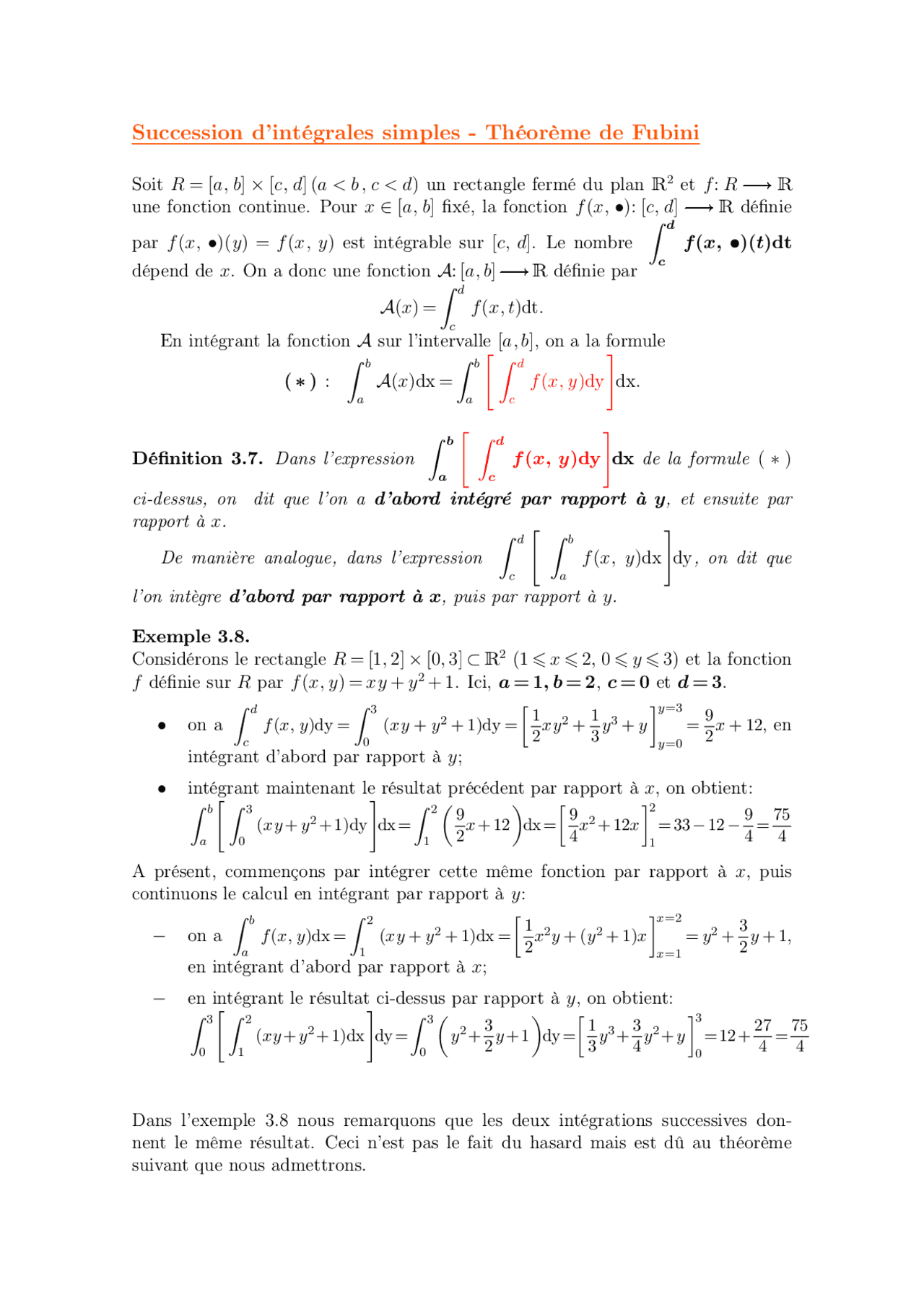 Succession d’intégrales simples - Théorème de Fubini - Docsity