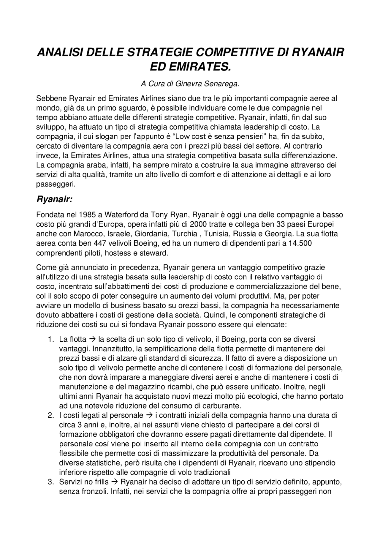 Analisi delle strategie competitive di Ryanair ed Emirates - Docsity