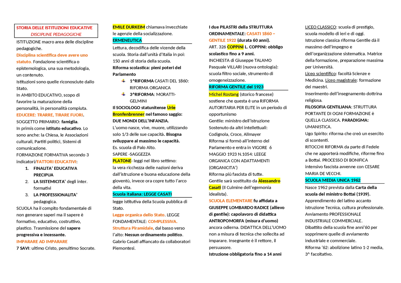Storia Delle Istituzioni Educative Docsity