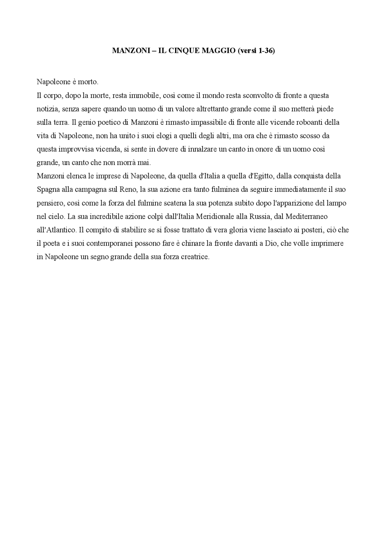 Manzoni Il Cinque Maggio Versi 1 36 Docsity