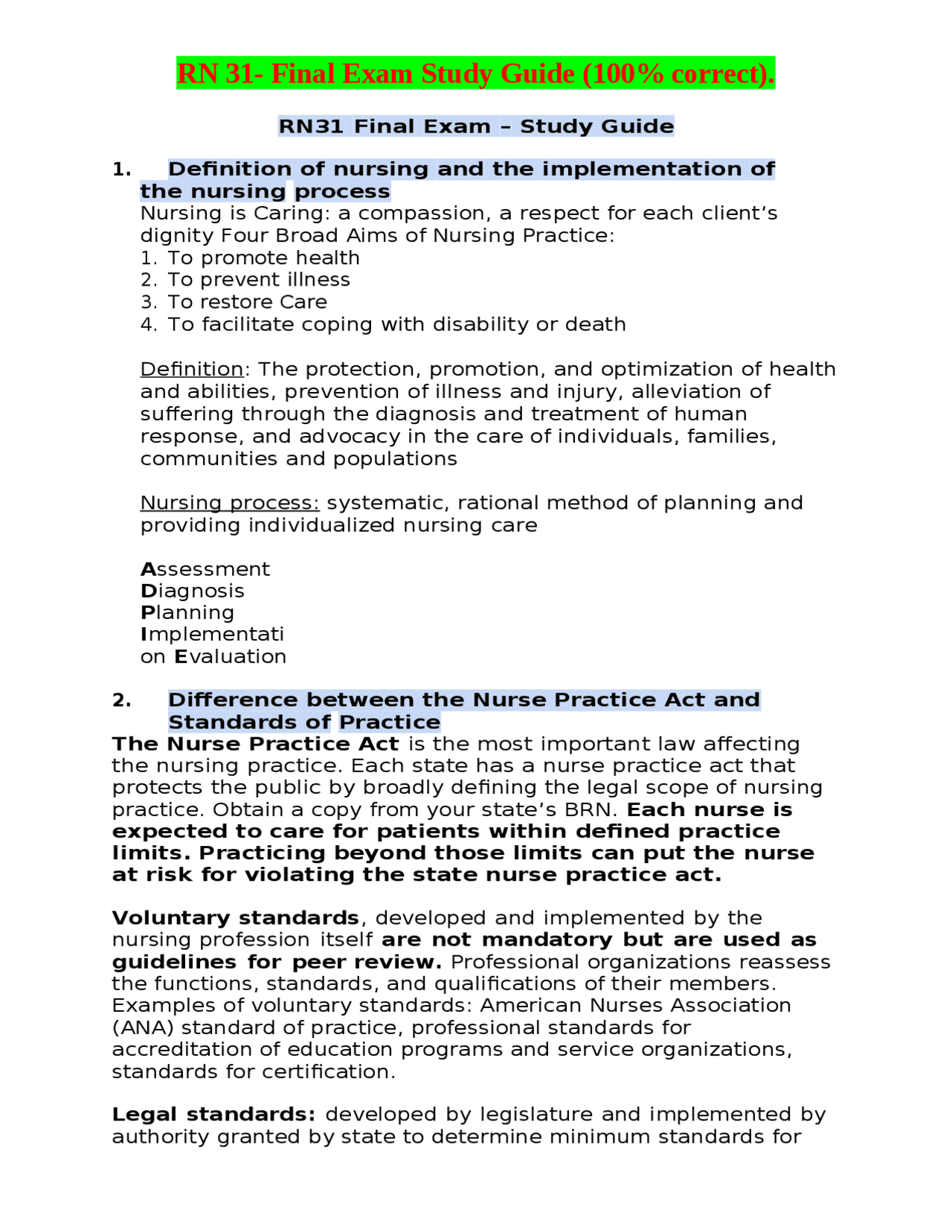 RN 31- Final Exam Study Guide (100% correct). - Docsity