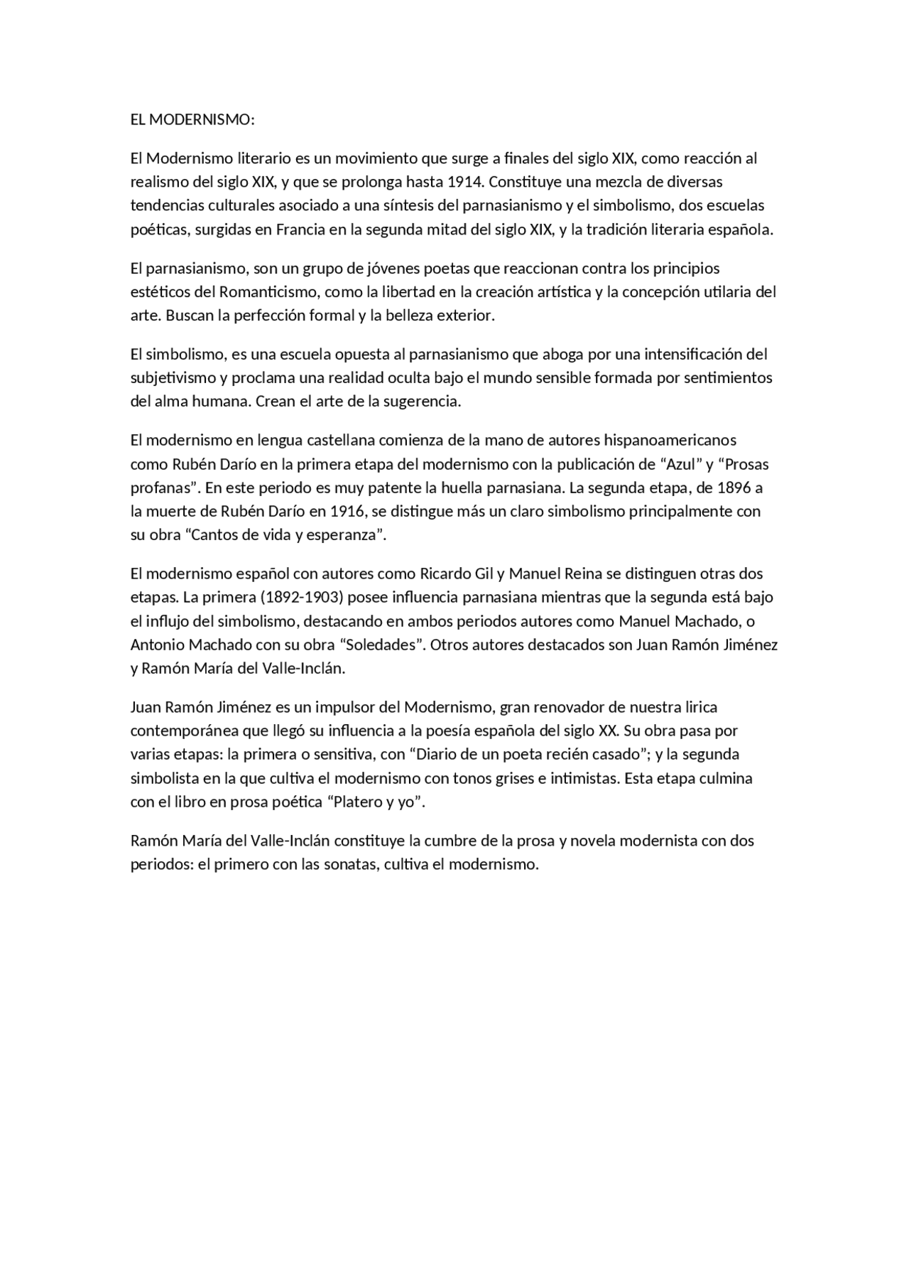 Literatura española: El Modernismo - Docsity