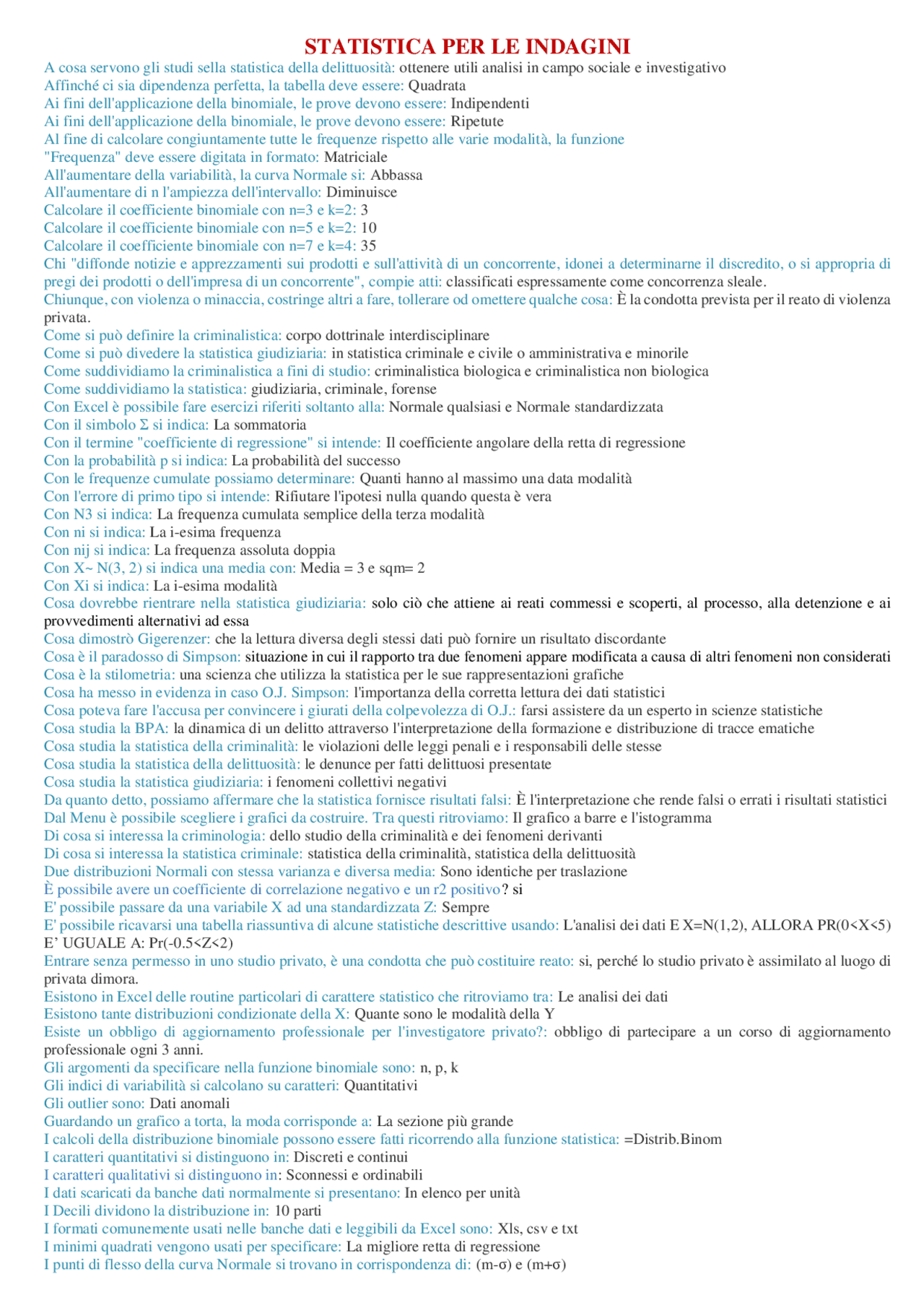 Quiz Statistica Per Le Indagini Docsity